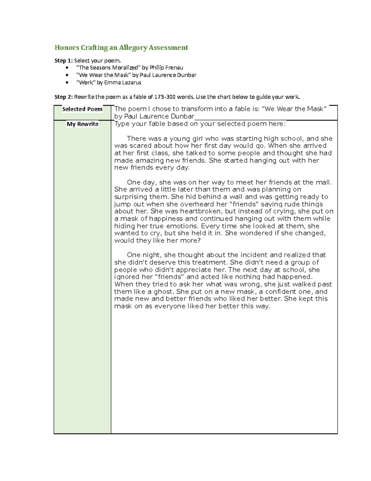 Honors crafting an allegory assess rubric - Alina Manieram - Honors ...