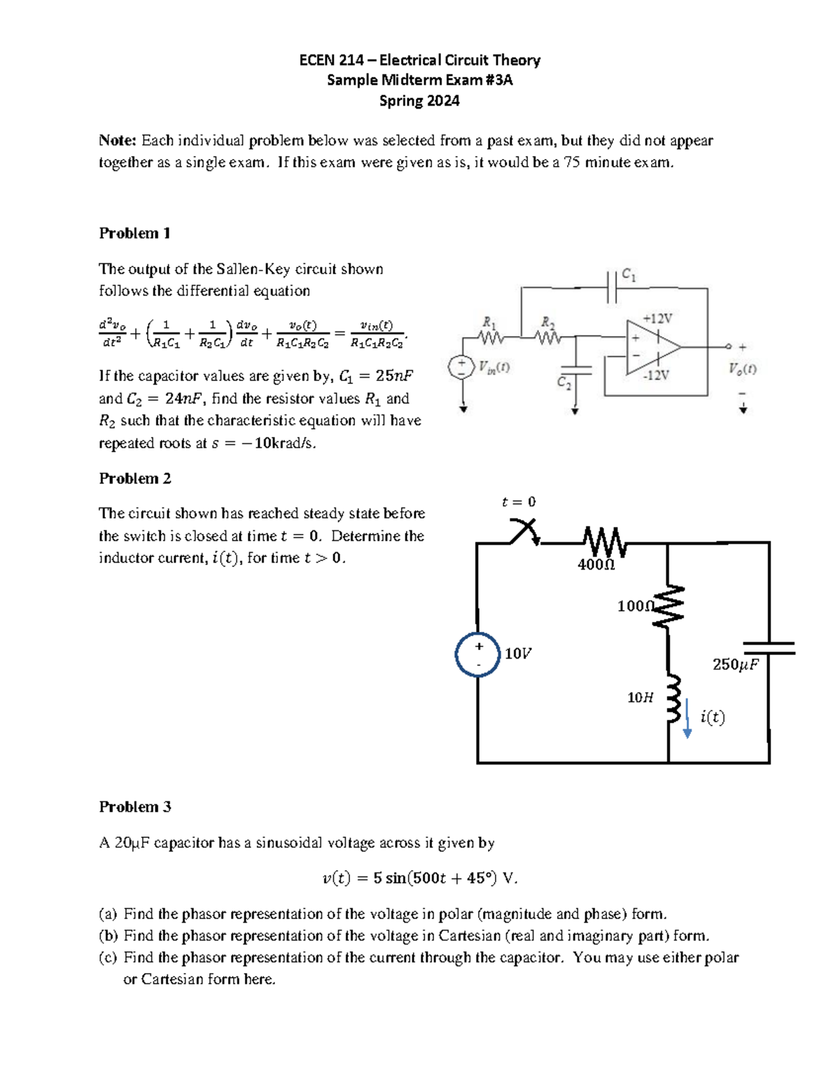 Sample Exam 3A - ECEN 214 – Electrical Circuit Theory Sample Midterm ...