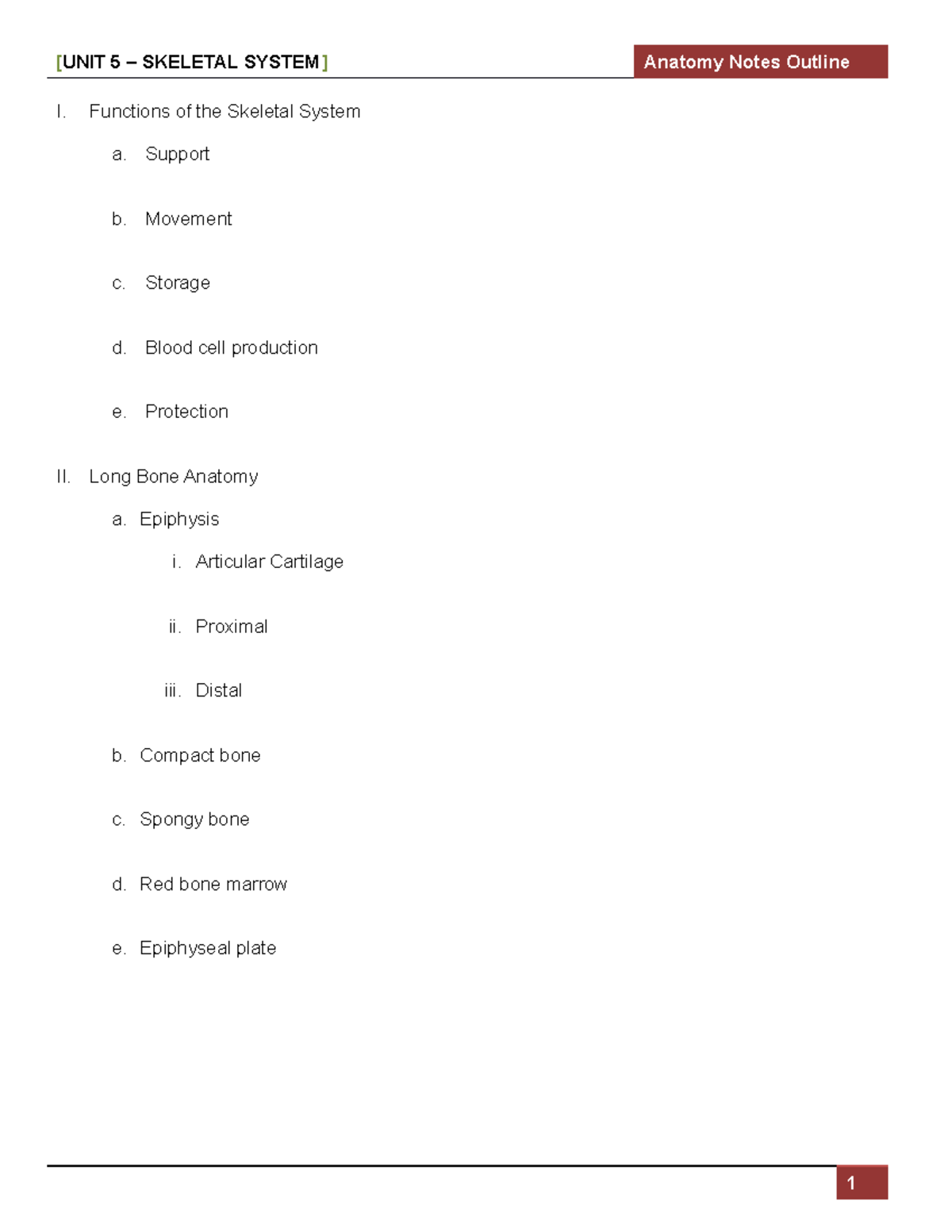 Skeletal System Blank Study Guide I Functions Of The Skeletal System Skeletal System Blank Study Guide I Functions Of The Skeletal System