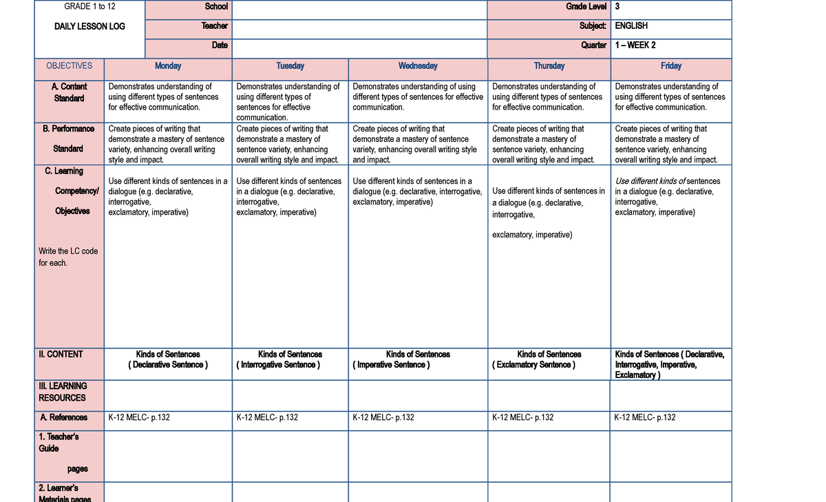 English - W2 - daily lesson log - GRADE 1 to 12 DAILY LESSON LOG School ...