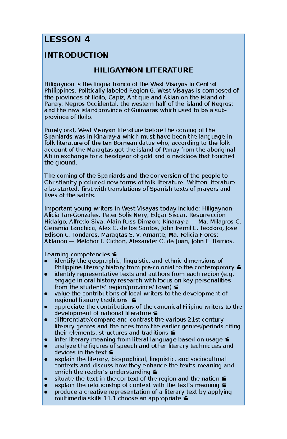 Lesson 4 Hiligaynon Literature - LESSON 4 INTRODUCTION HILIGAYNON ...