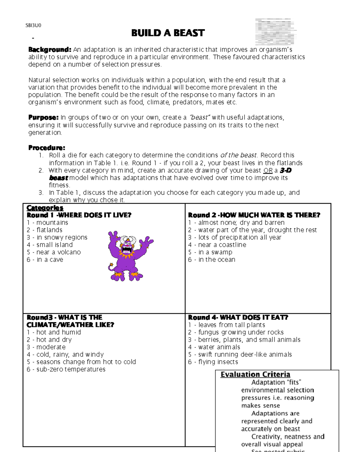 Build a beast - Genetics - BUILD A BEAST Background: An adaptation is ...