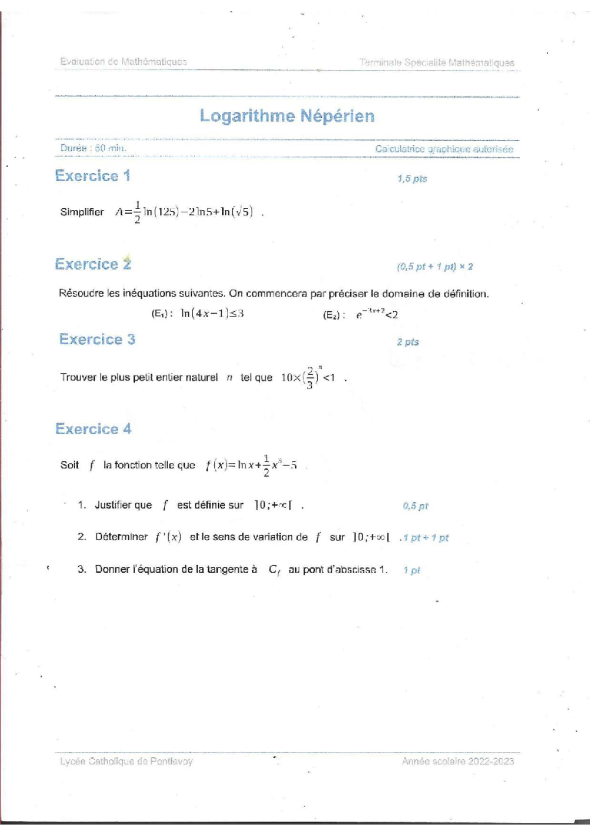 Image (73) - exercices logarithme népérien - Mathématiques - Studocu