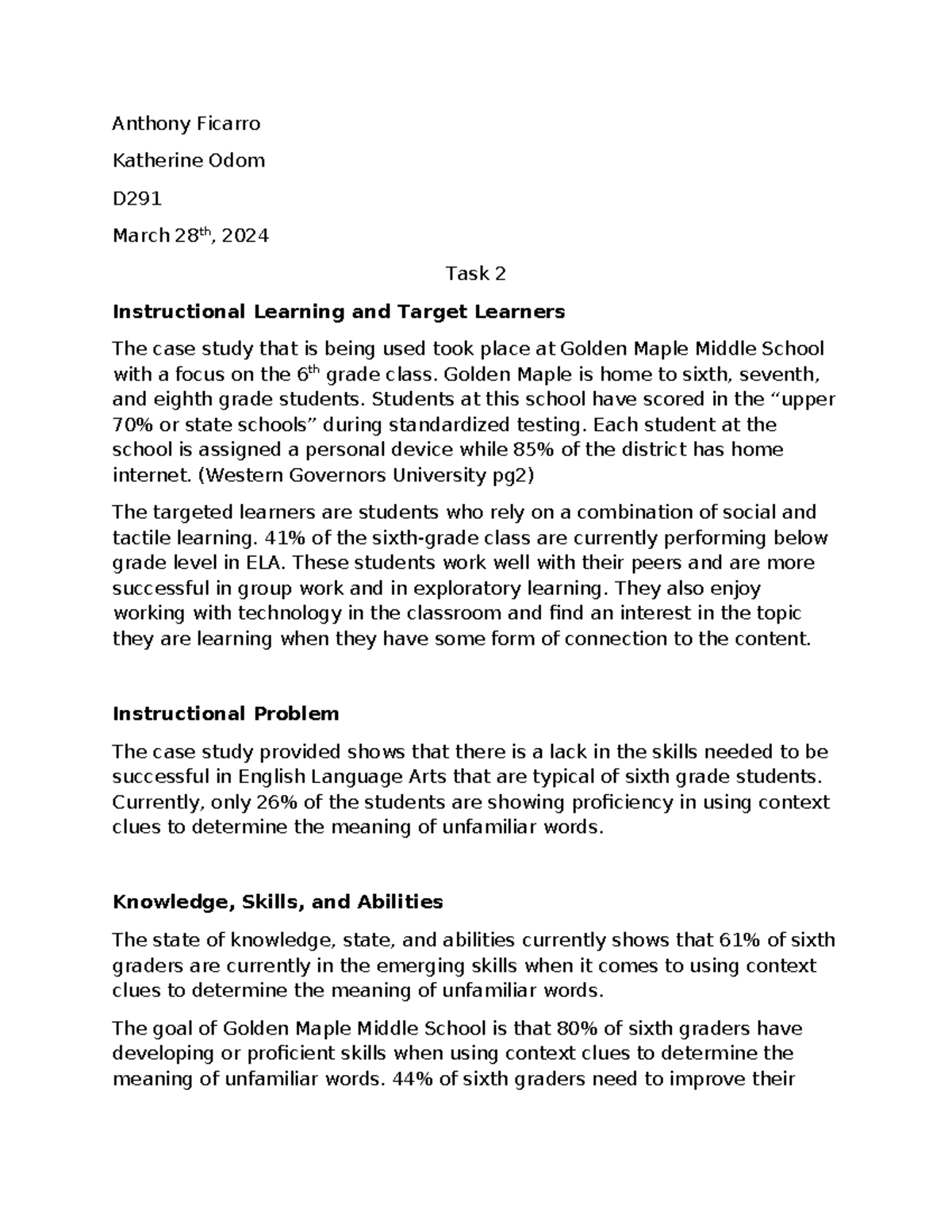 D291 Task 2 Revision 1 - Anthony Ficarro Katherine Odom D March 28th ...