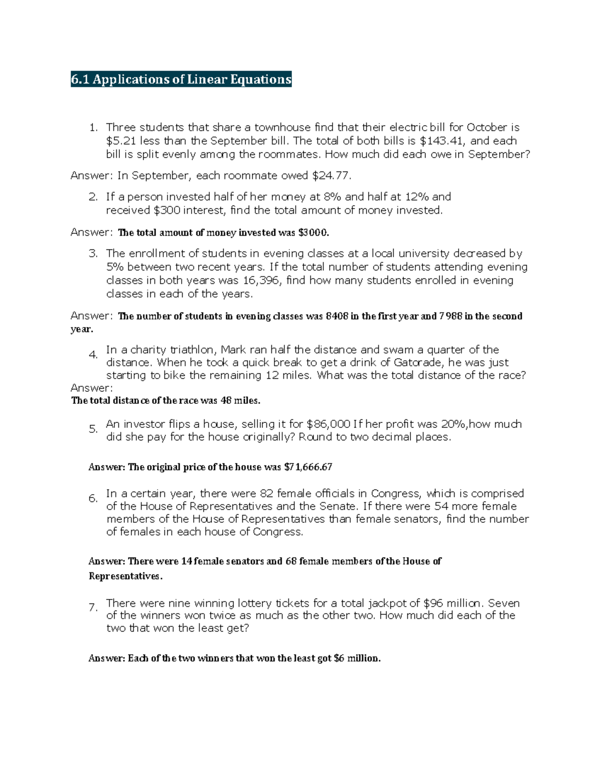 6.1 Applications of Linear Equations - 6 Applications of Linear ...
