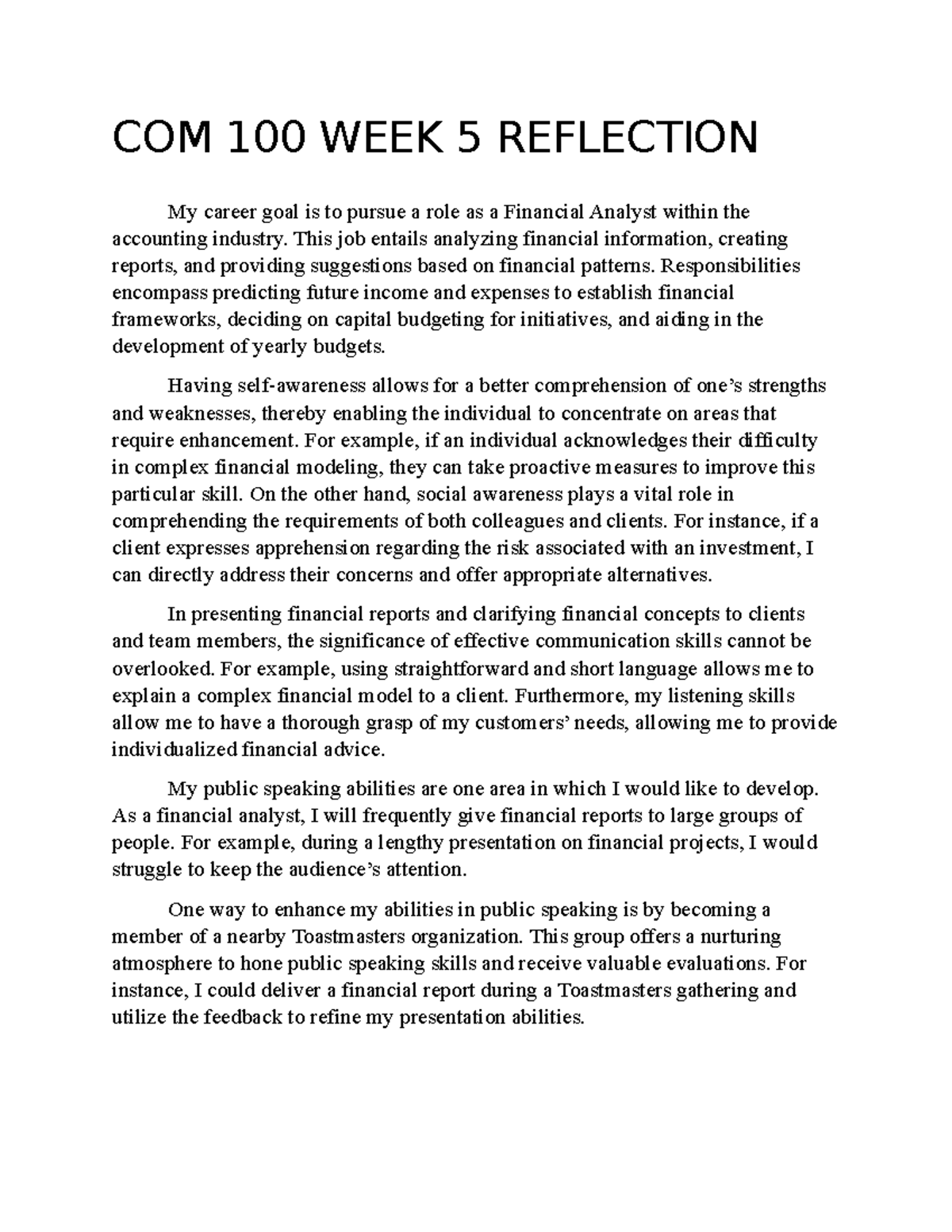 COM 100 WEEK 5 Reflection - COM 100 WEEK 5 REFLECTION My career goal is ...