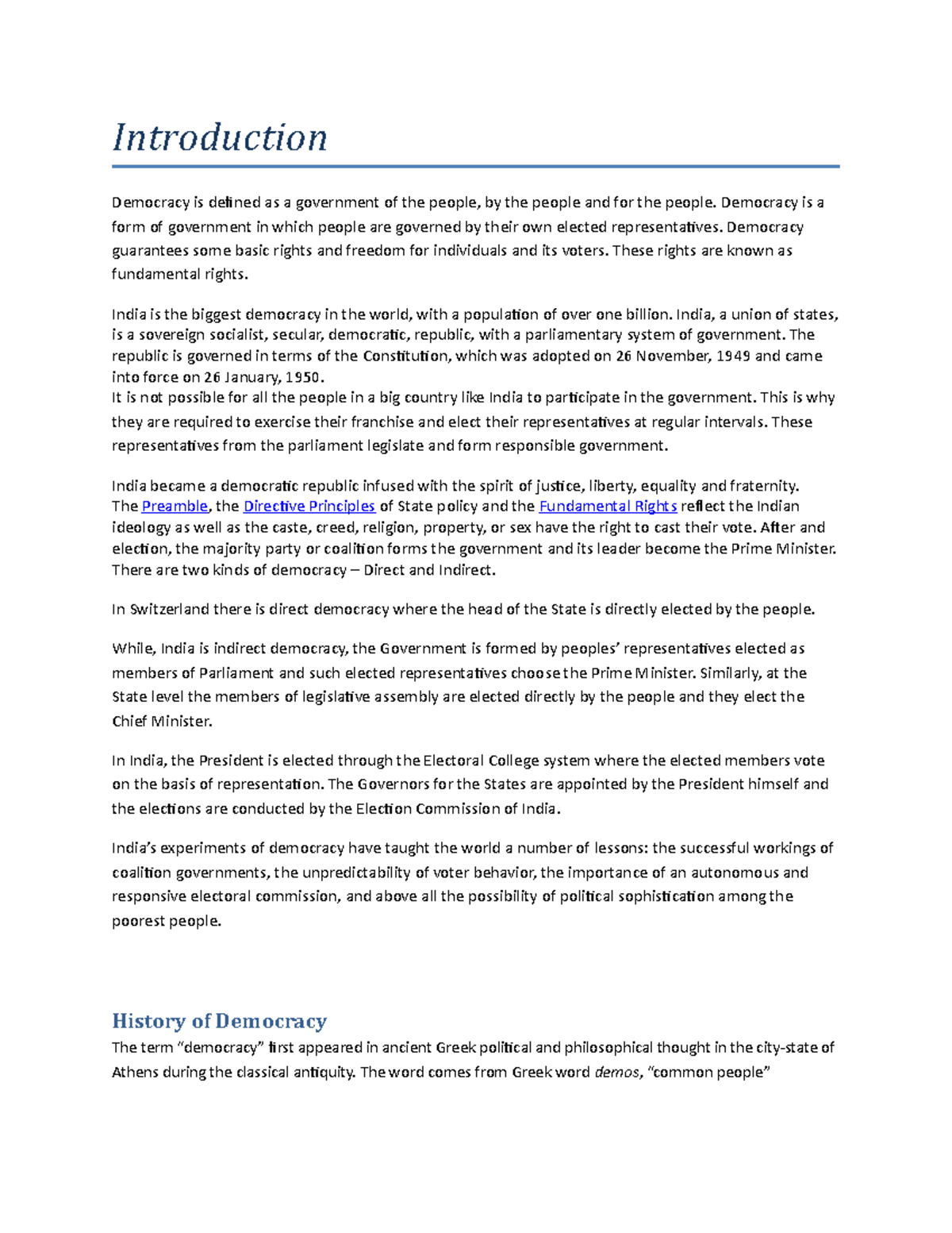 Political Science project - Introduction Democracy is defined as a ...