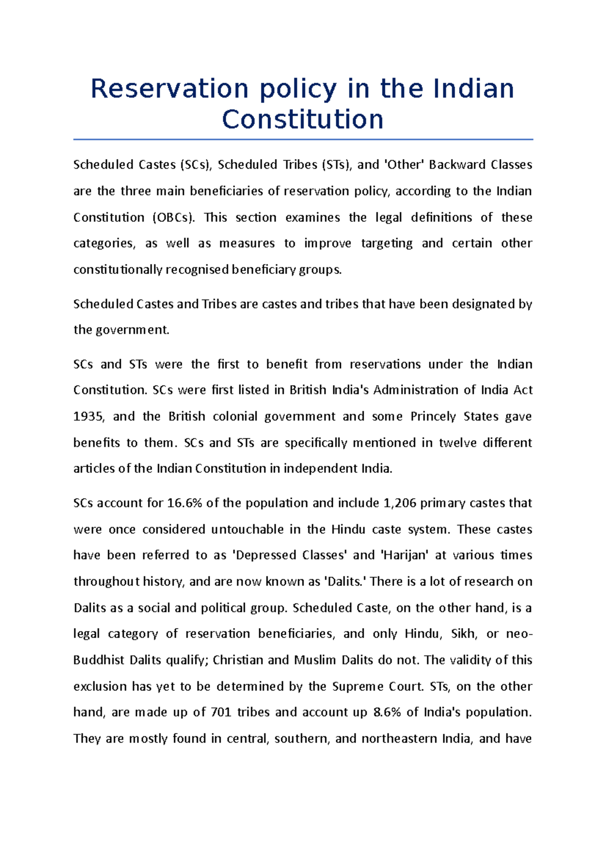 Reservation policy in the Indian Constitution - Reservation policy in ...