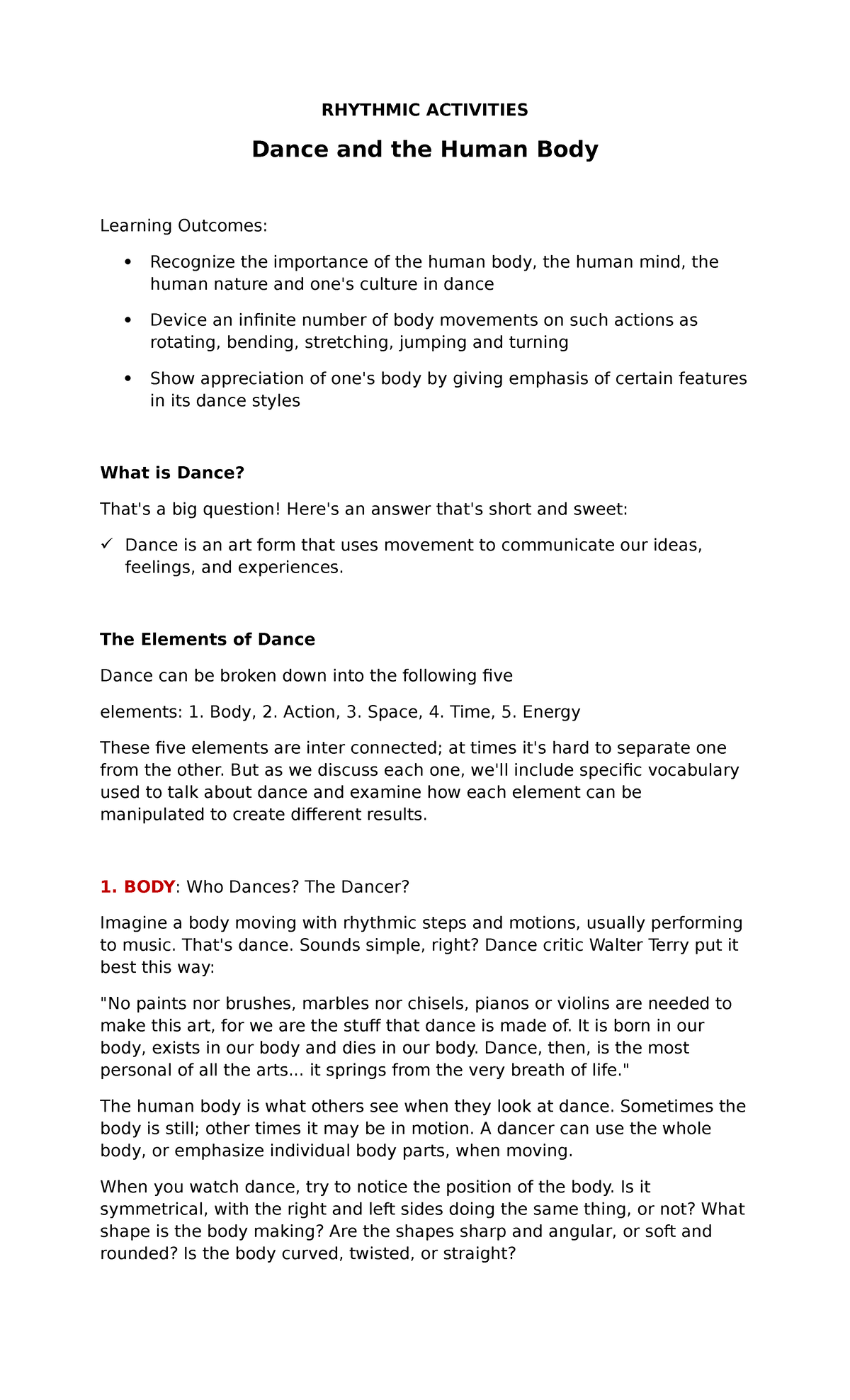 Dance and the Human Body - RHYTHMIC ACTIVITIES Dance and the Human Body ...