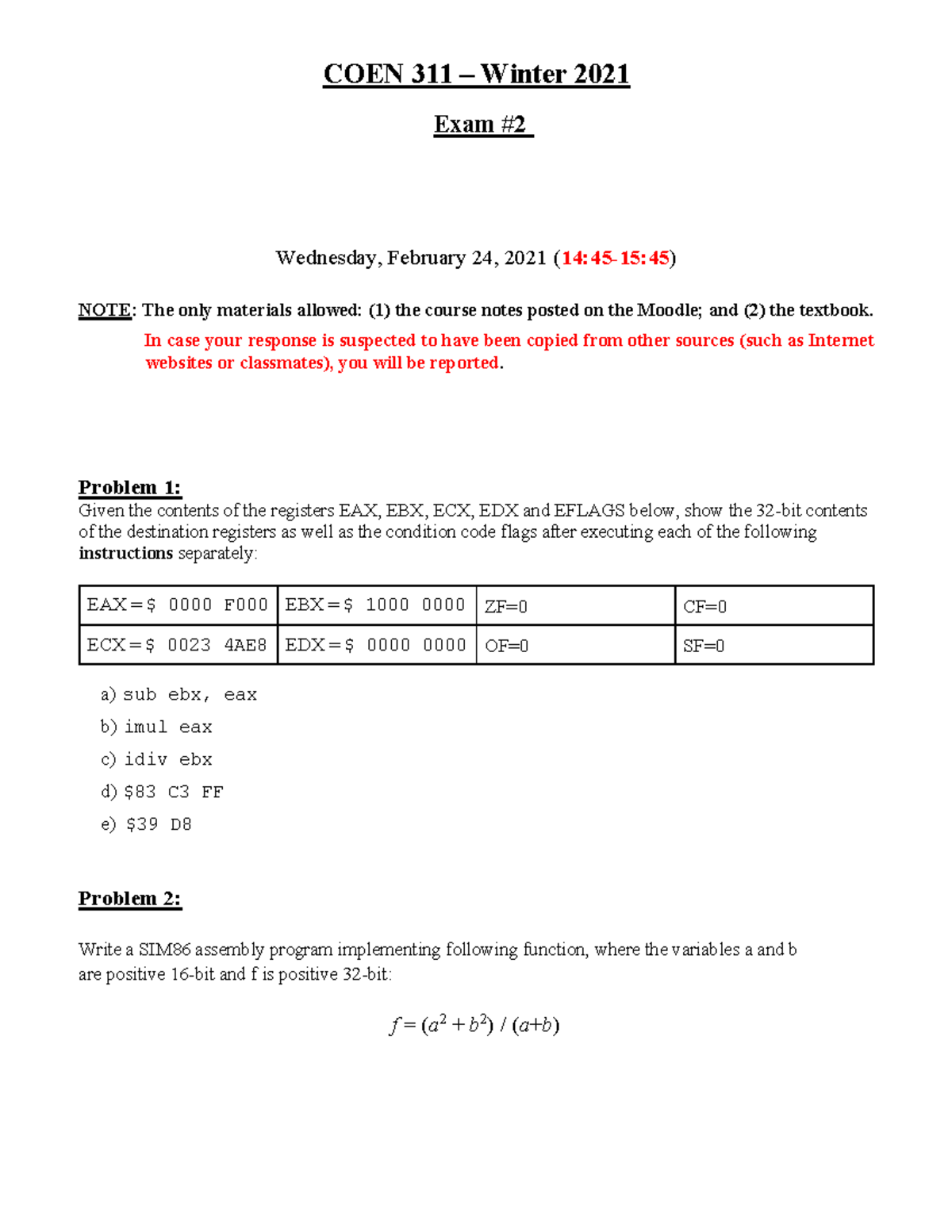 coen311- exam #2 - practical exam mand - COEN 311 – Winter 2021 Exam ...