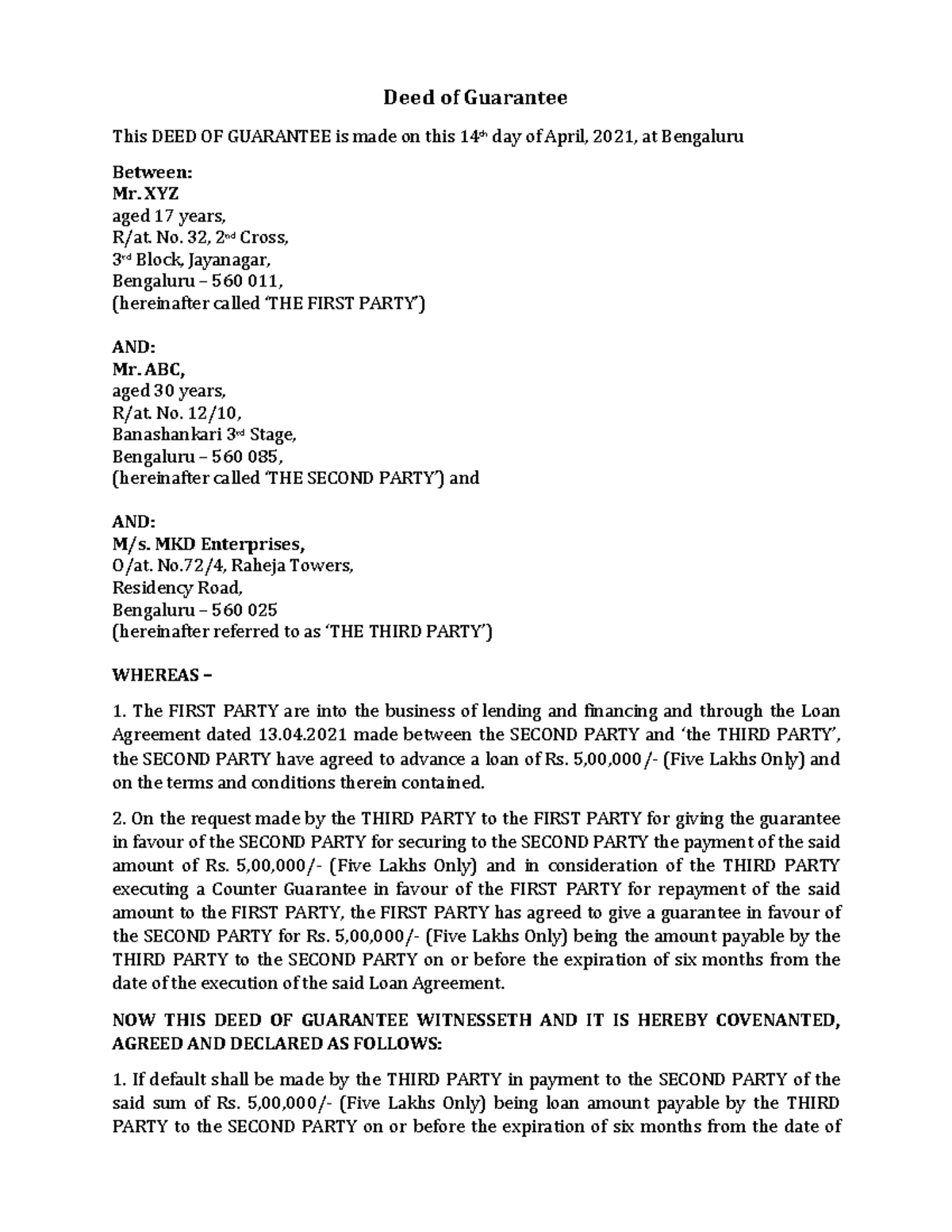 Contract of gurantee - Deed of Guarantee This DEED OF GUARANTEE is made ...