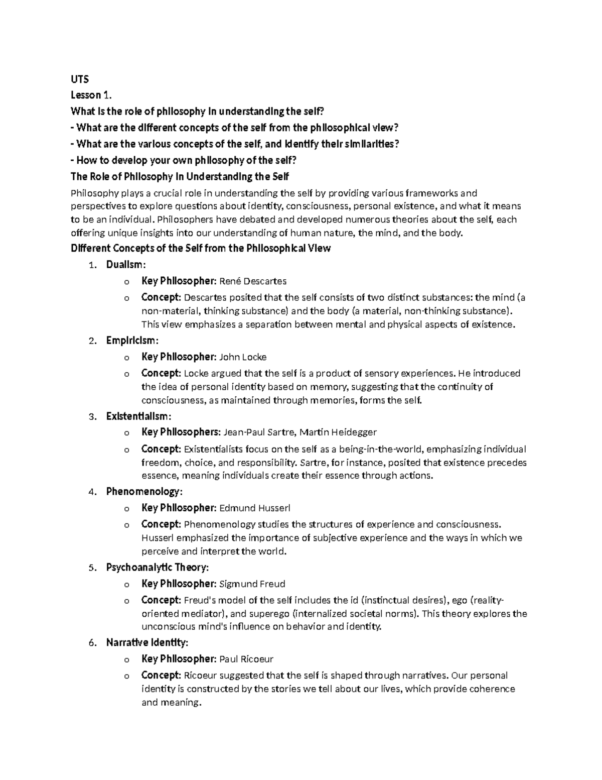UTS 1 - notes - UTS Lesson 1. What is the role of philosophy in ...
