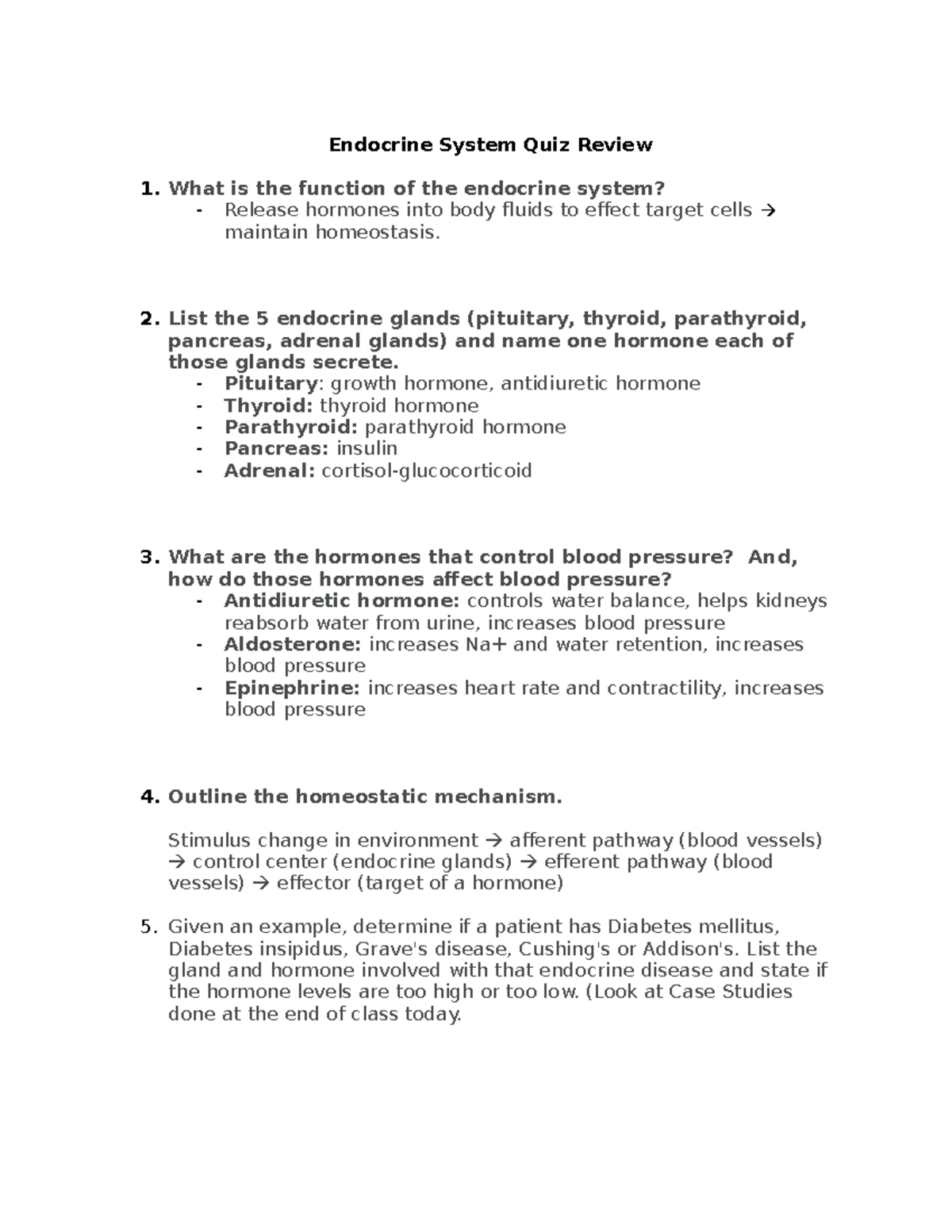 Endocrine System Quiz Review - 2 the 5 endocrine glands (pituitary ...
