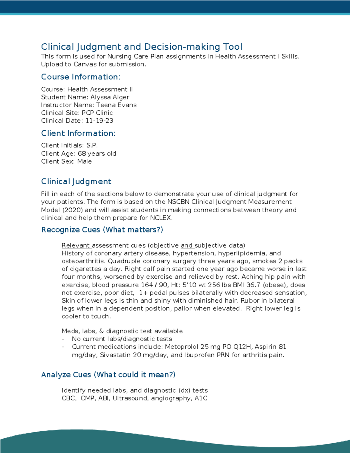 Clinical Judgment for HA II Case Study Assignment - Clinical Judgment ...