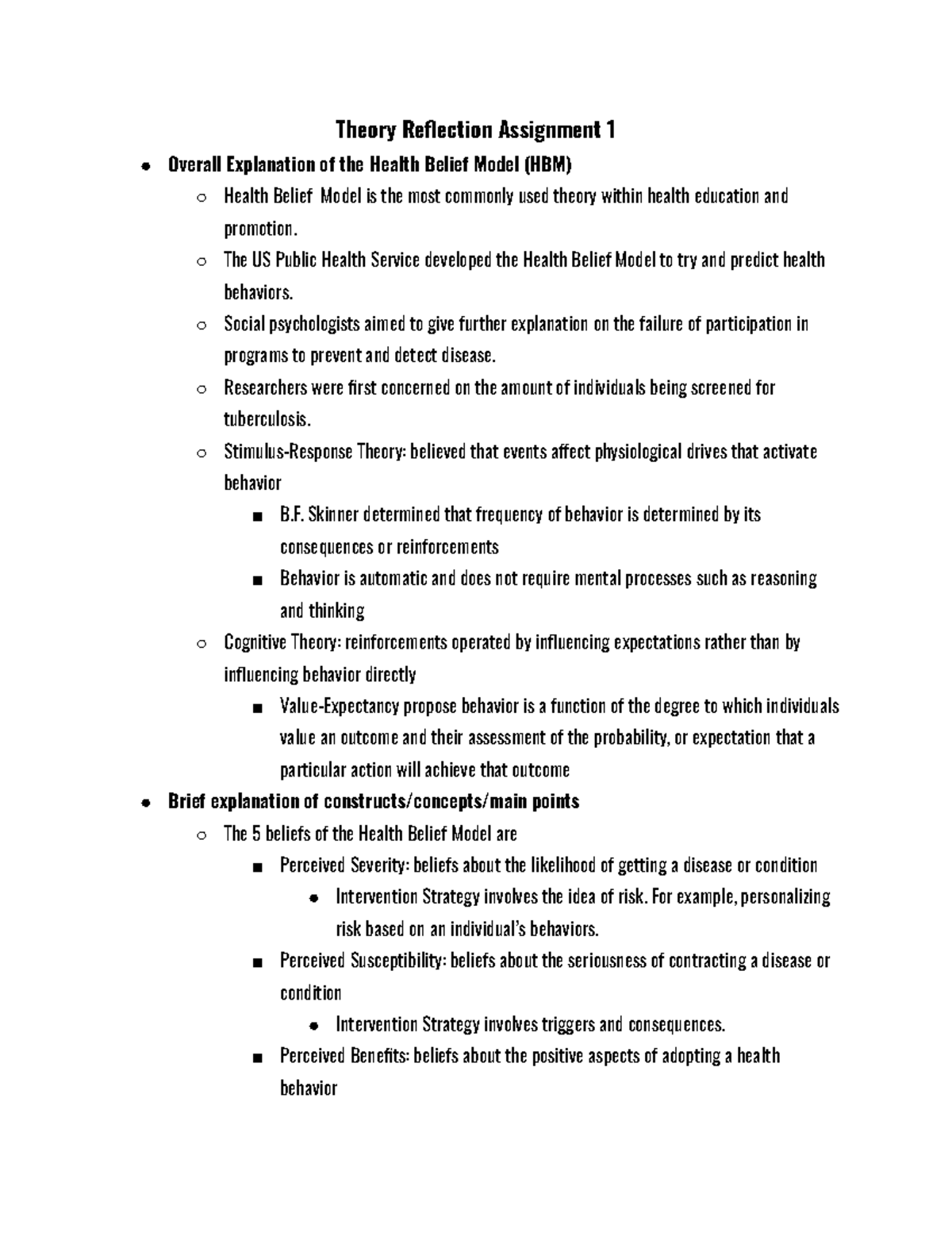 Theory Reflection Assignment 1 - The US Public Health Service developed ...