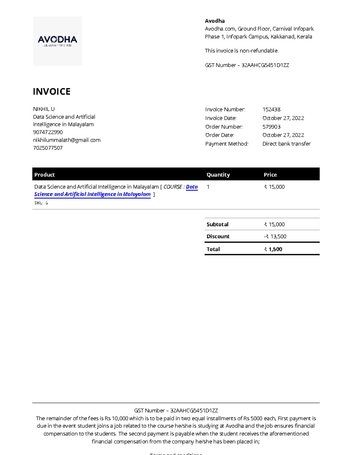Invoice-152438 - Study material - Avodha Avodha, Ground Floor, Carnival ...