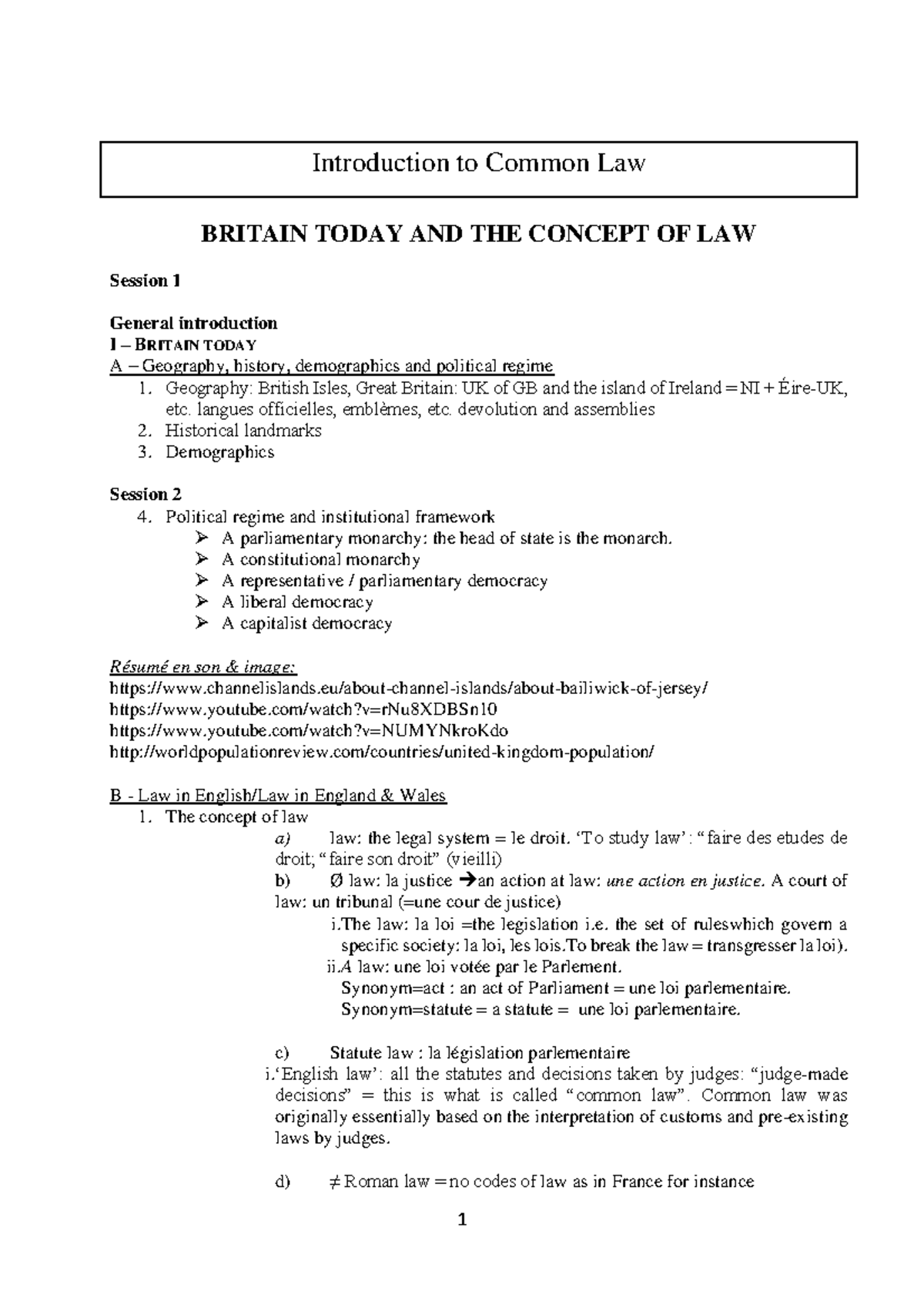 Plan Common law - Notes de cours - Introduction to Common Law BRITAIN ...