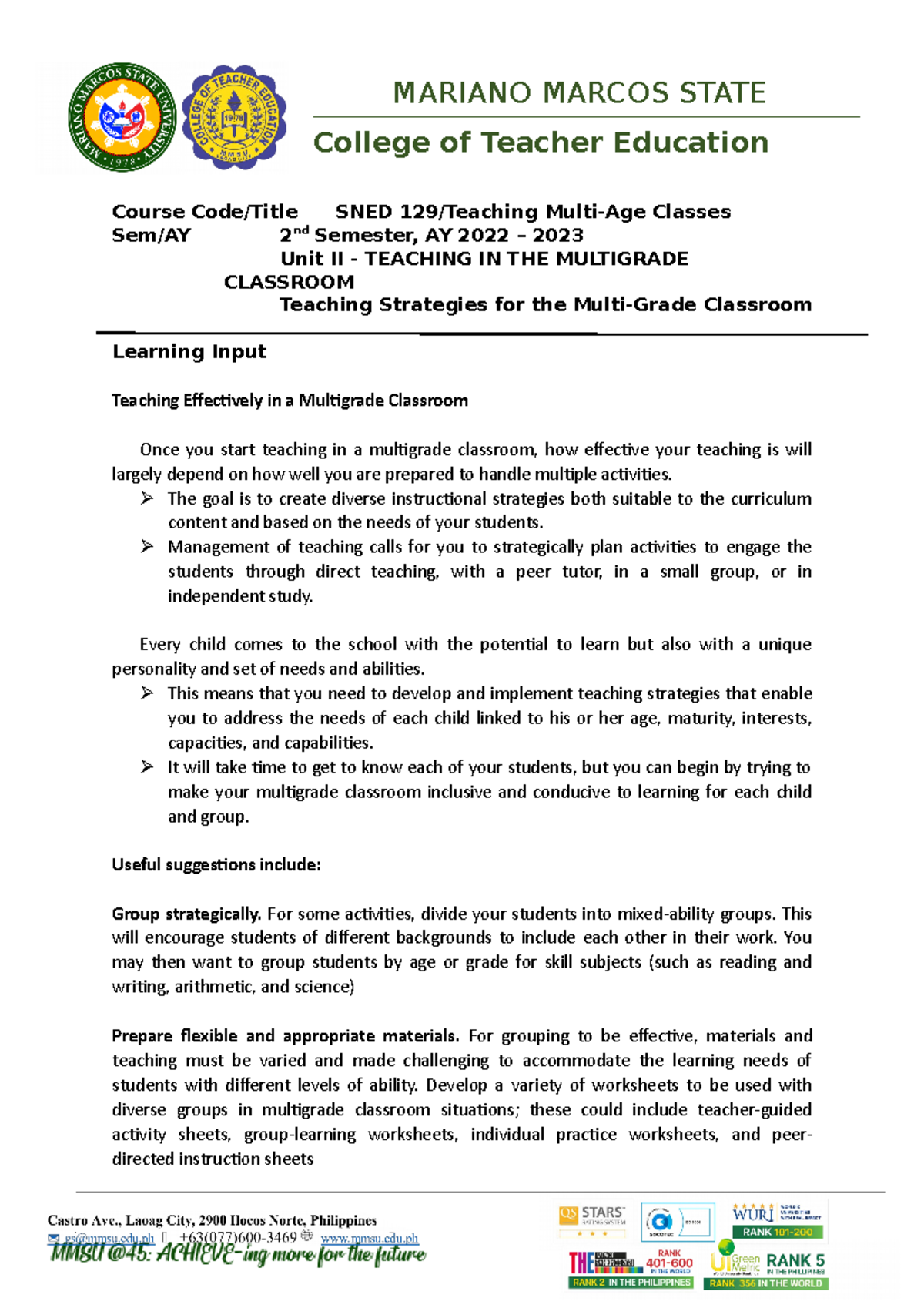 SNED 129-Teaching-Strategies-for-the-Multigrade-Classroom - Course Code ...