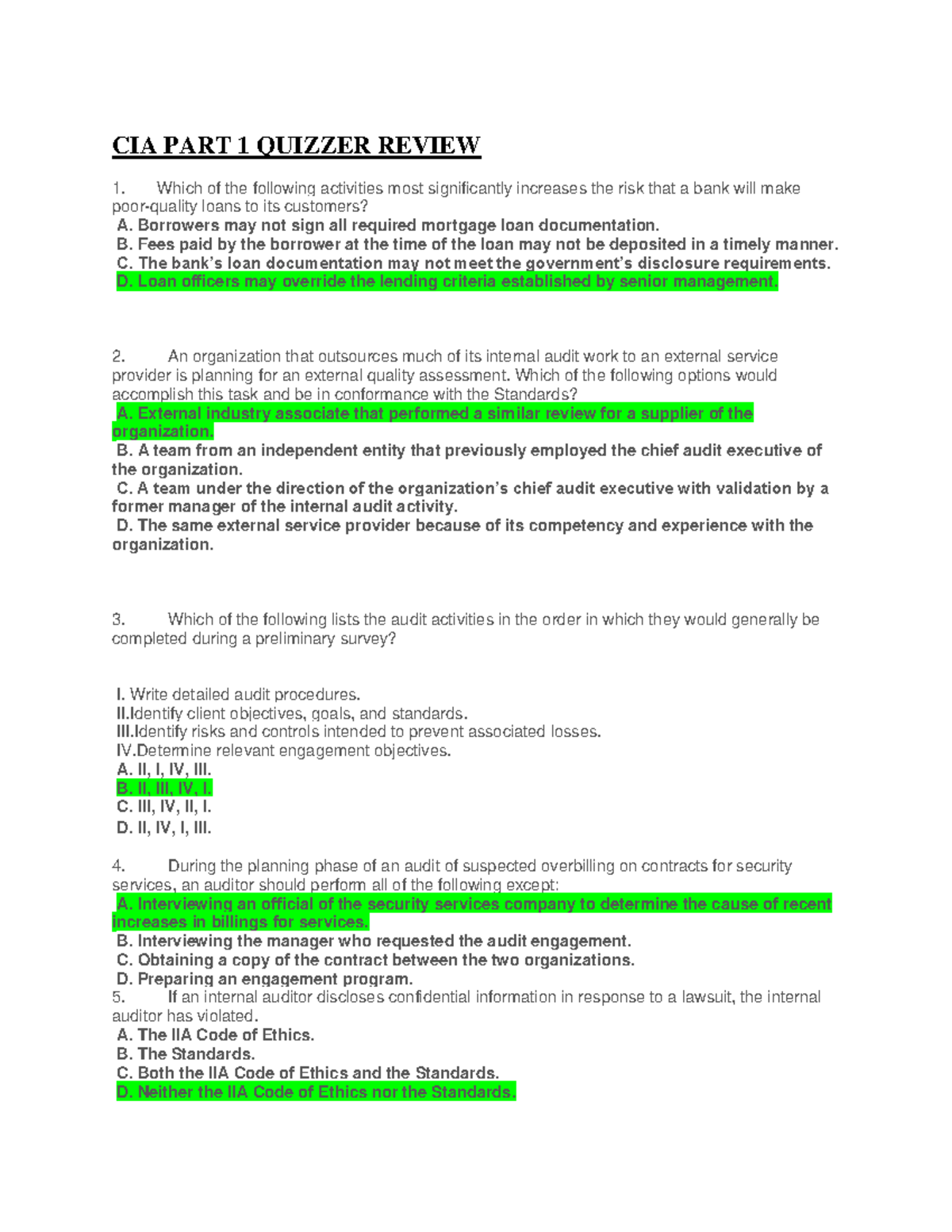 CIA PART 1 Quizzer Review - CIA PART 1 QUIZZER REVIEW Which of the ...