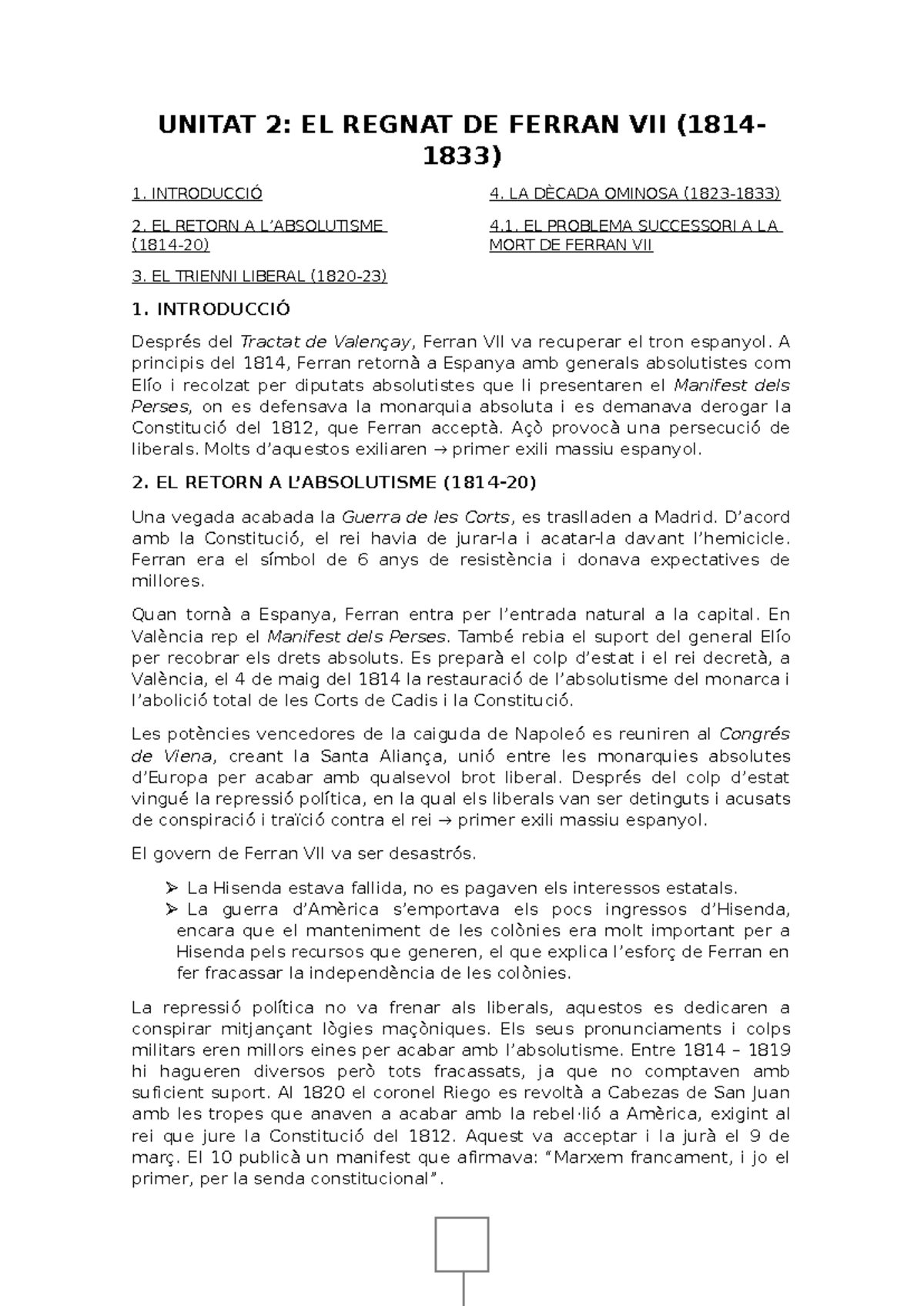 Apunts TEMA 2 - El Regnat de Ferran VII - UNITAT 2: EL REGNAT DE FERRAN VII (1814- 1833 ...