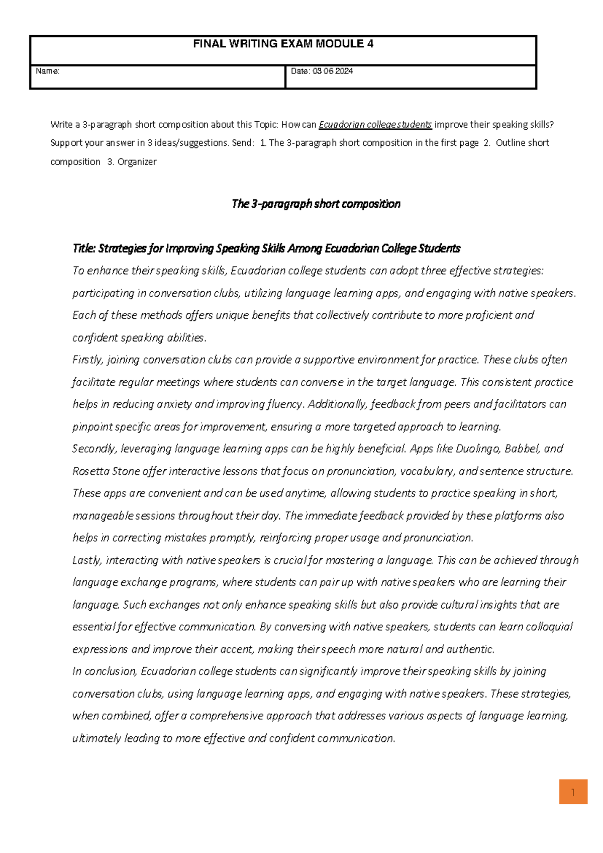 Final Writing EXAM Module 4 V2 - FINAL WRITING EXAM MODULE 4 Name: Date ...