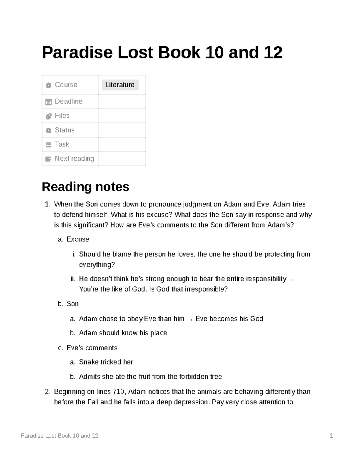 Paradise Lost Book 10 and 12 - Paradise Lost Book 10 and 12 Course ...