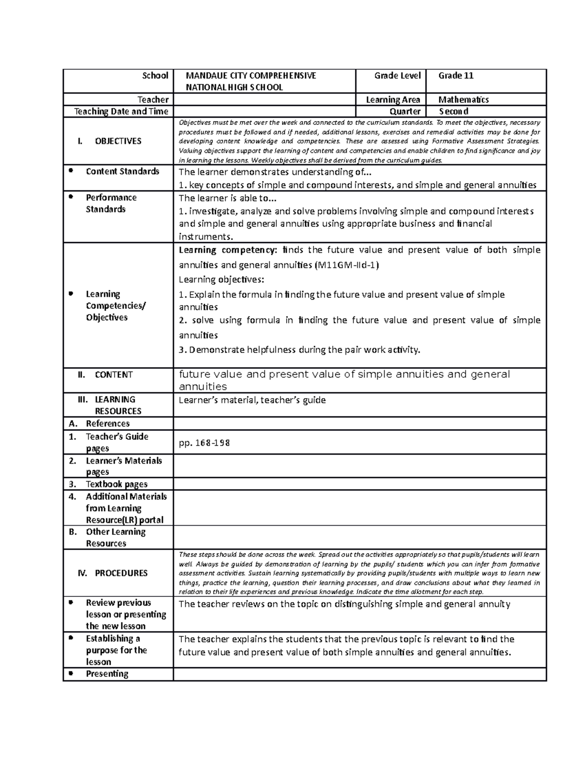 GM II-11 - lesson plan - School MANDAUE CITY COMPREHENSIVE NATIONAL ...