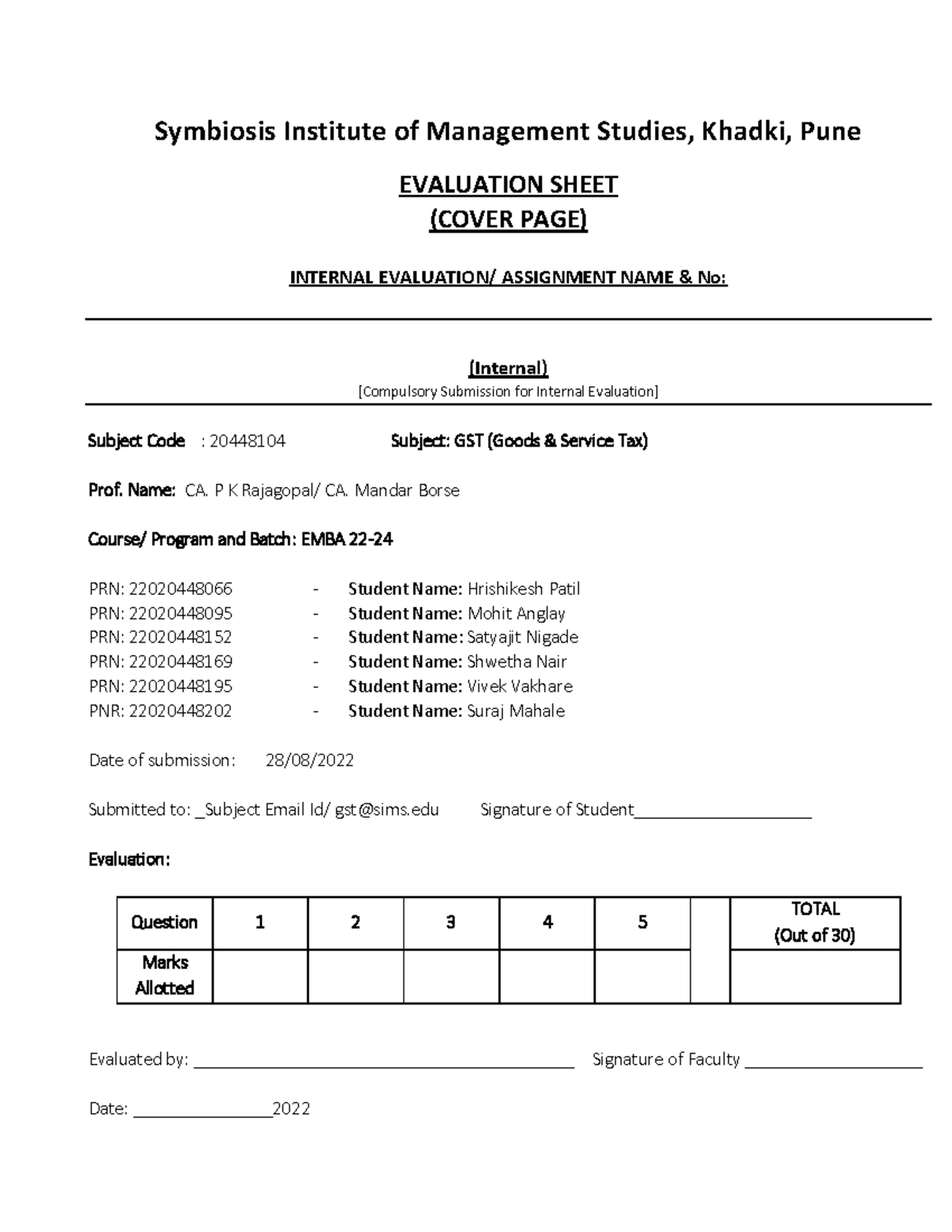 GST assignment - Symbiosis Institute of Management Studies, Khadki ...