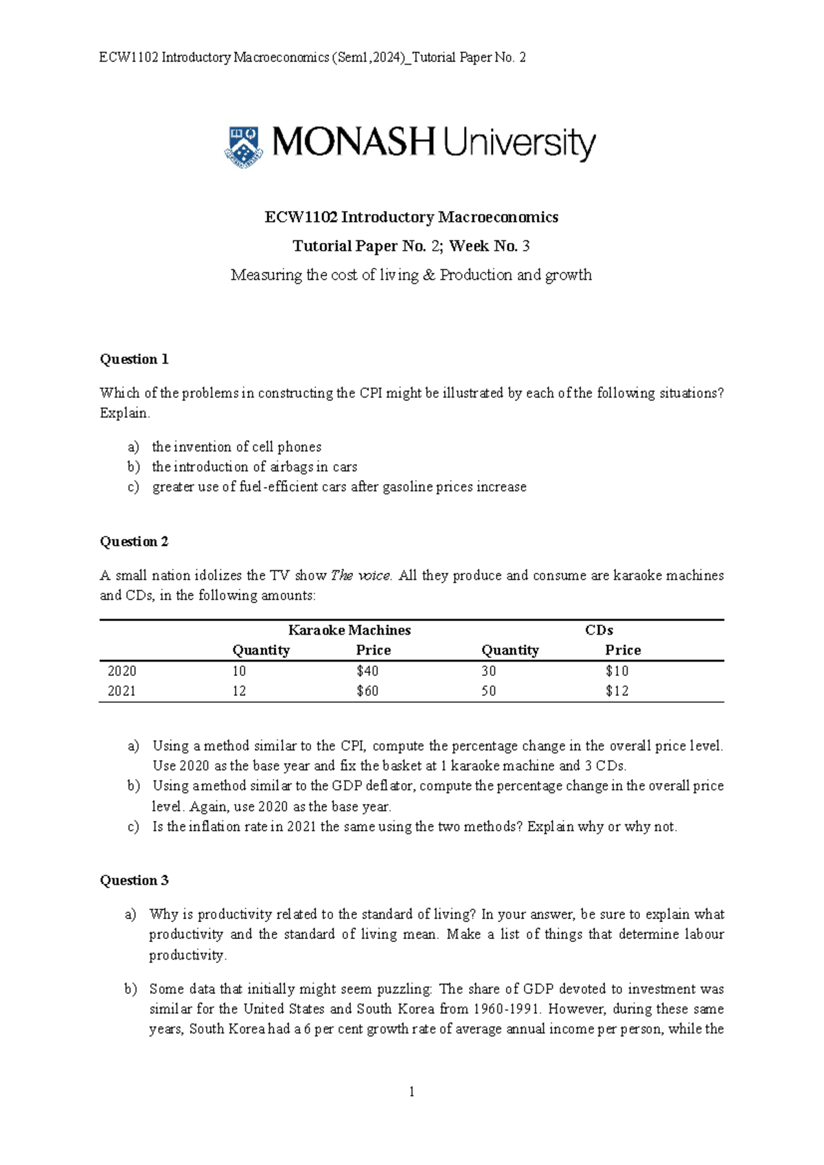 Tutorial 2 2024 Questions - ECW1102 Introductory Macroeconomics (Sem1,2024)_Tutorial Paper No. 2 ...