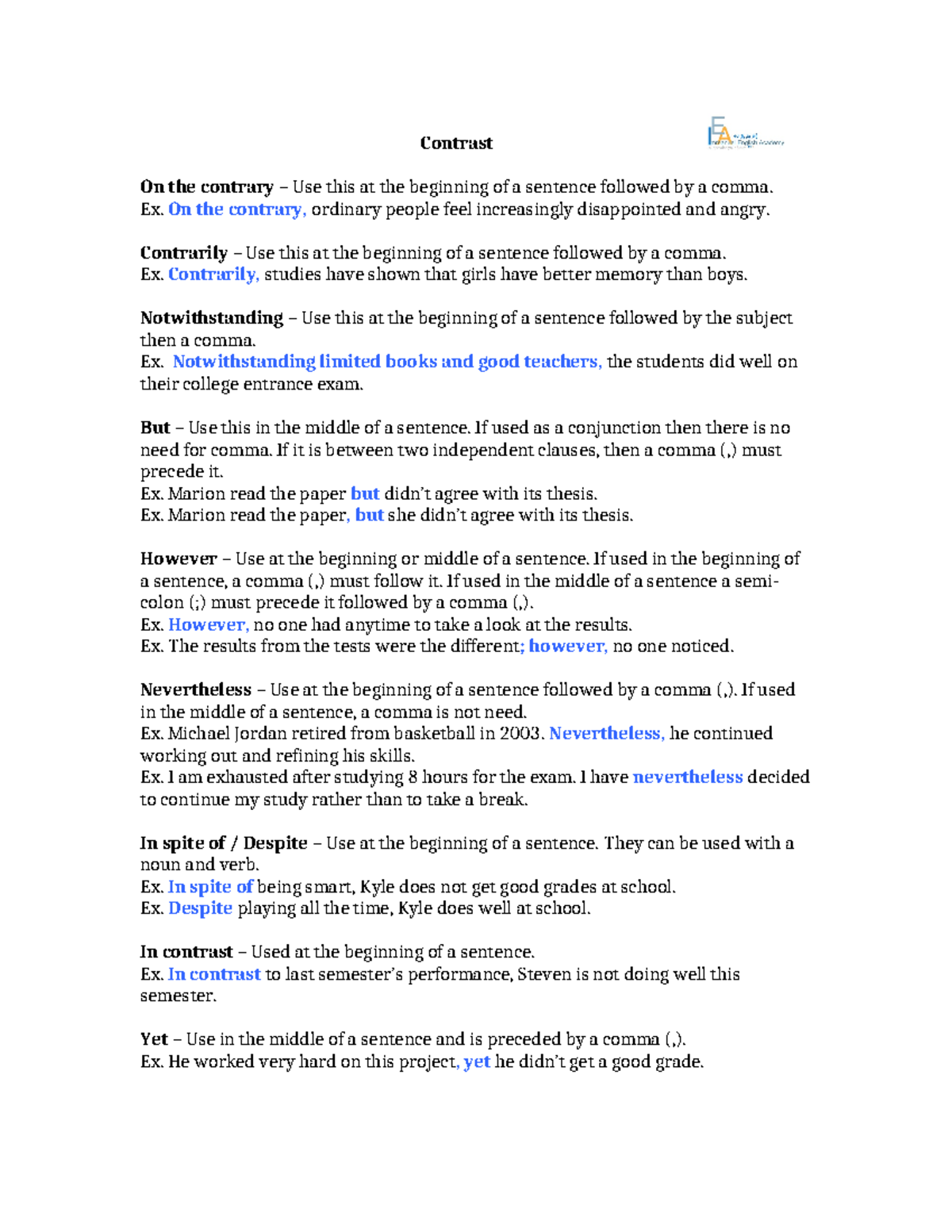 Contrast Worksheet - Practice materials - Contrast On the contrary ...