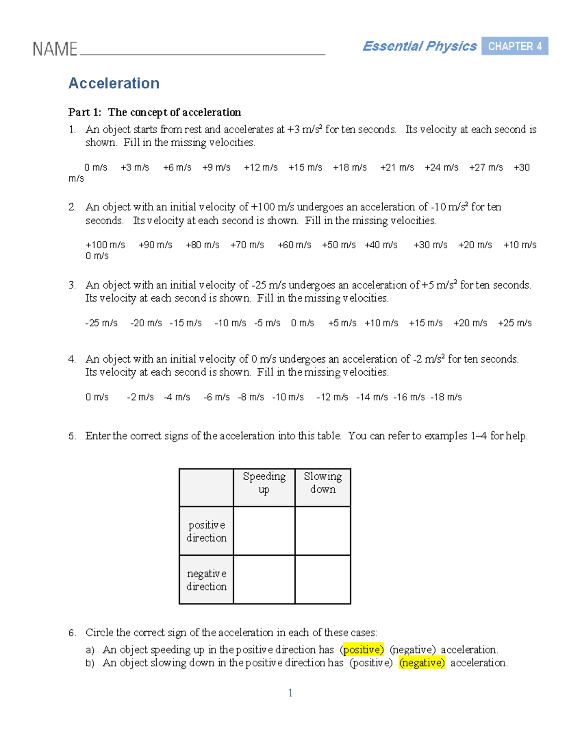 Acceleration Assignment (1) Djamel Cajuste - Acceleration Part 1: The concept of acceleration 1 ...