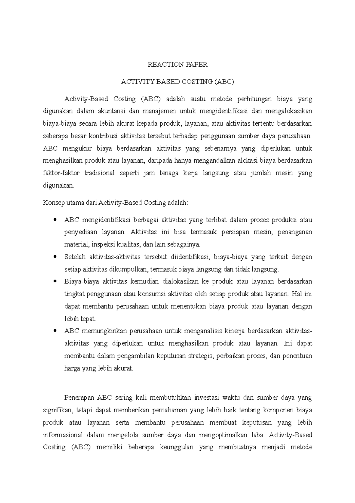 AML A4 pert 3 - .ek - REACTION PAPER ACTIVITY BASED COSTING (ABC) Activity-Based Costing (ABC ...