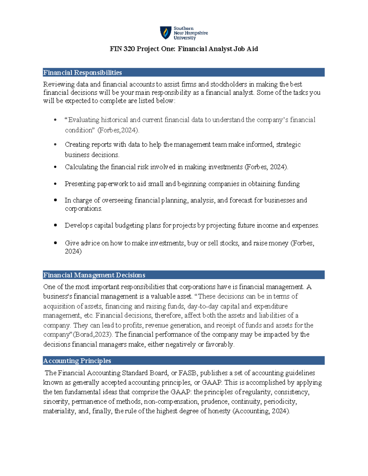 FIN 320 Project One Financial Analyst Job Aid - Some of the tasks you ...