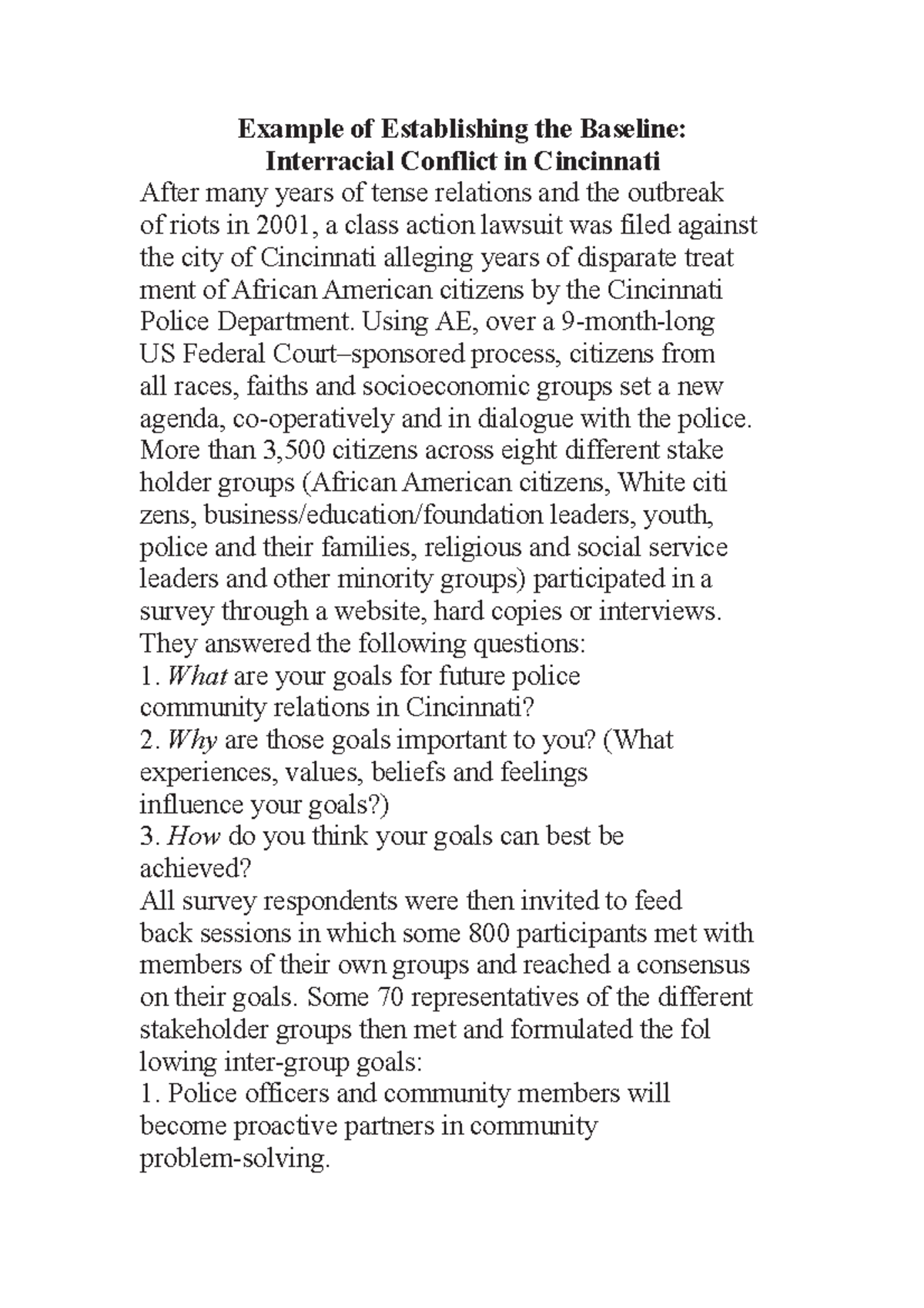 Example of Establishing the Baseline - Example of Establishing the ...