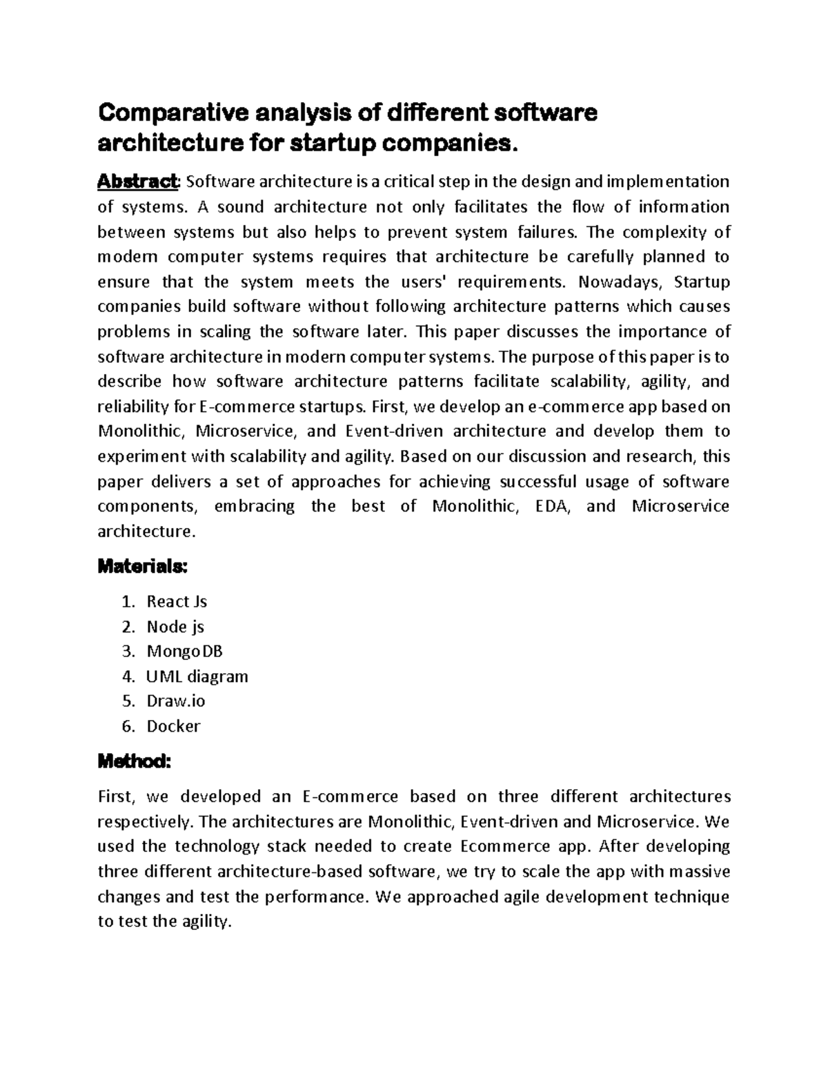Comparative analysis of different software architecture for startup ...