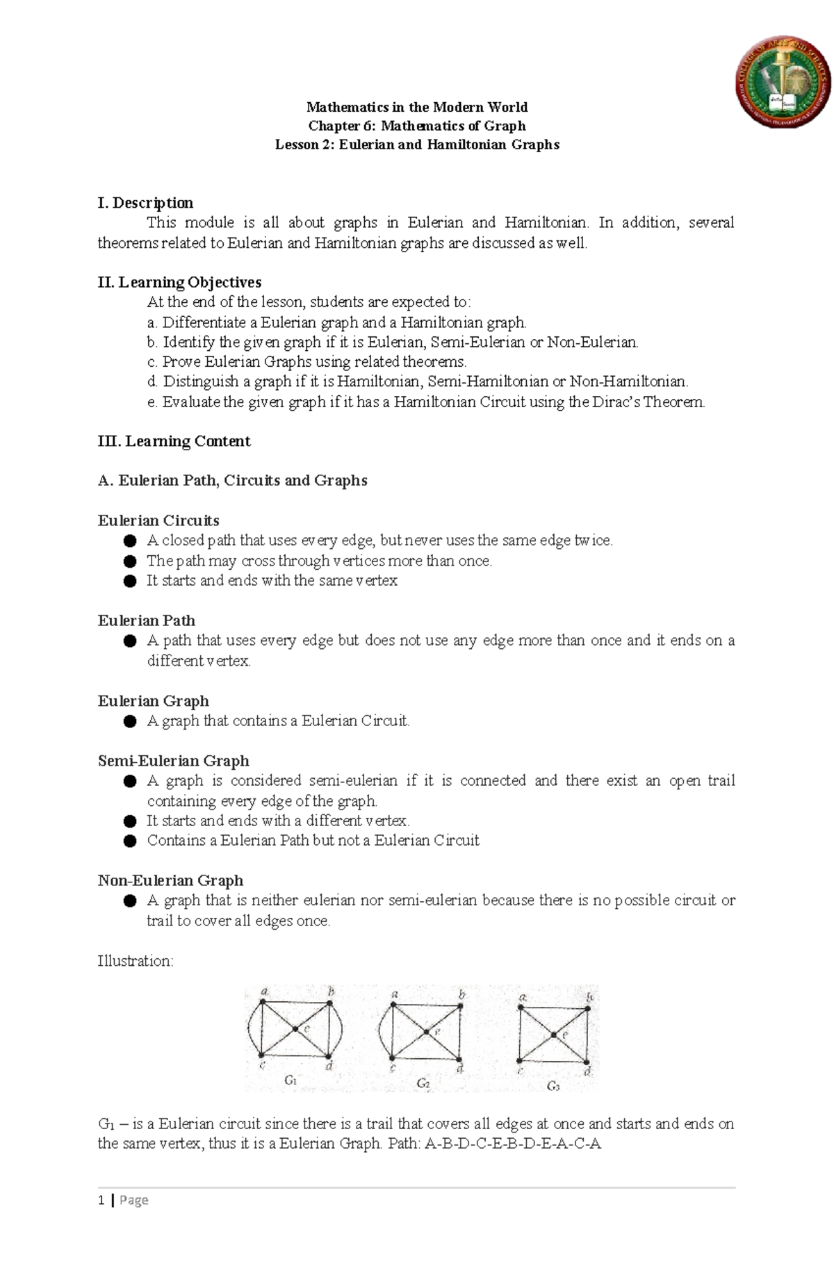 Lesson 9 PART2 - Eulerian and Hamiltonian Graphs - Mathematics in the ...