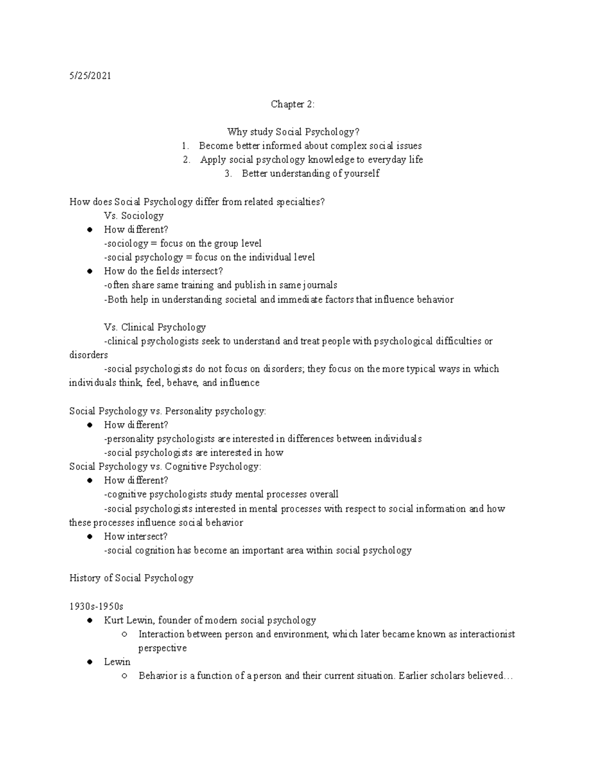 Psych 335 - semester notes - 5/25/ Chapter 2: Why study Social ...