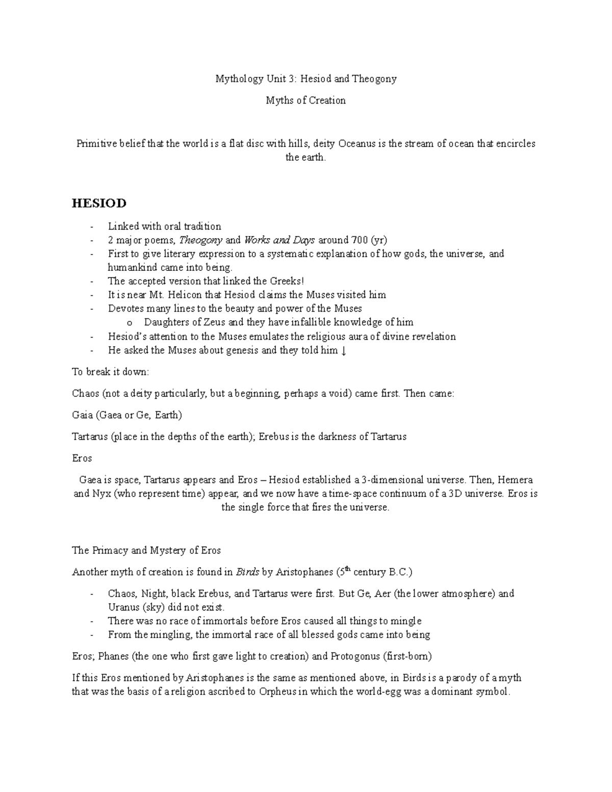 Mythology Unit 3 - Lecture notes 3 - Mythology Unit 3: Hesiod and ...