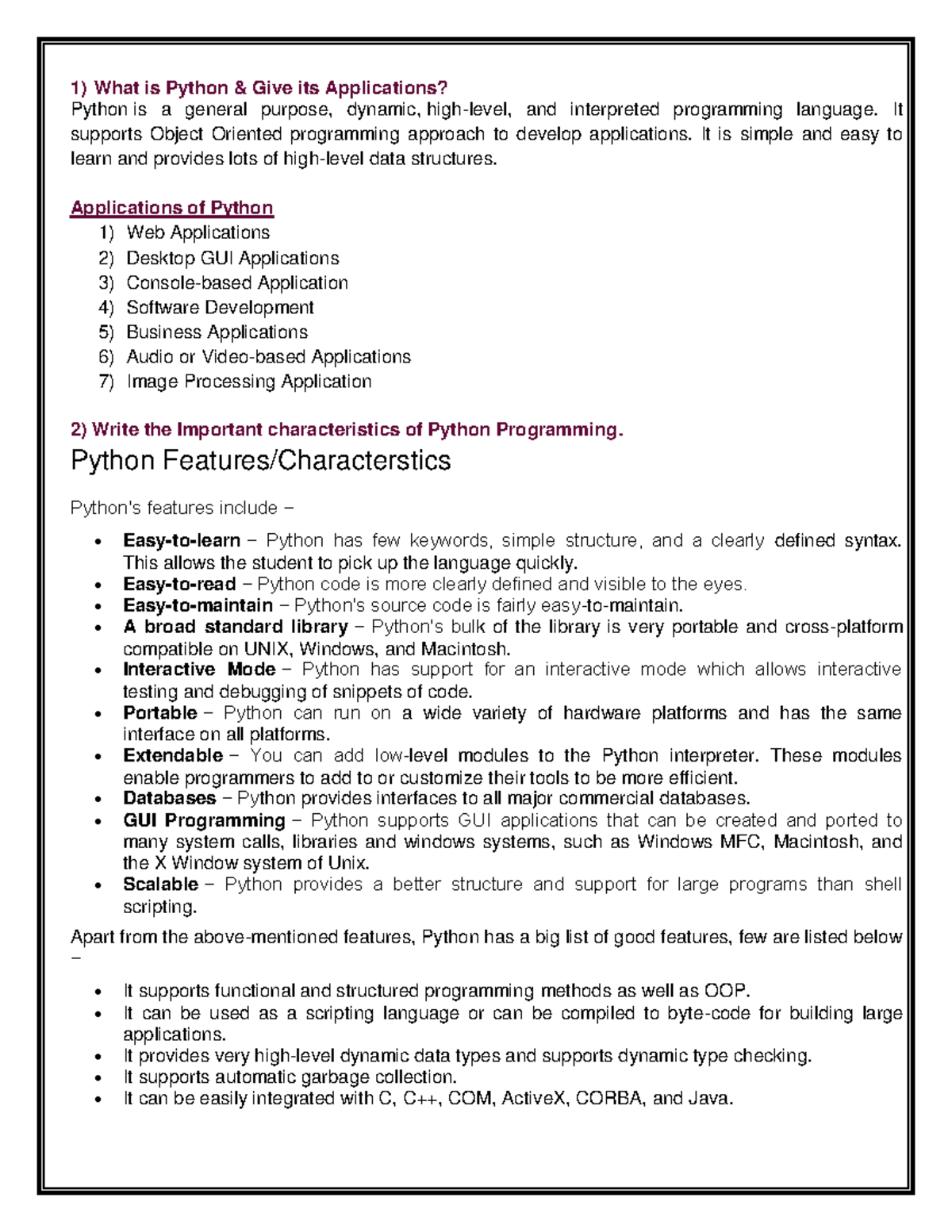 Python Question bank(Sloved) - What is Python & Give its Applications? Python is a general - Studocu