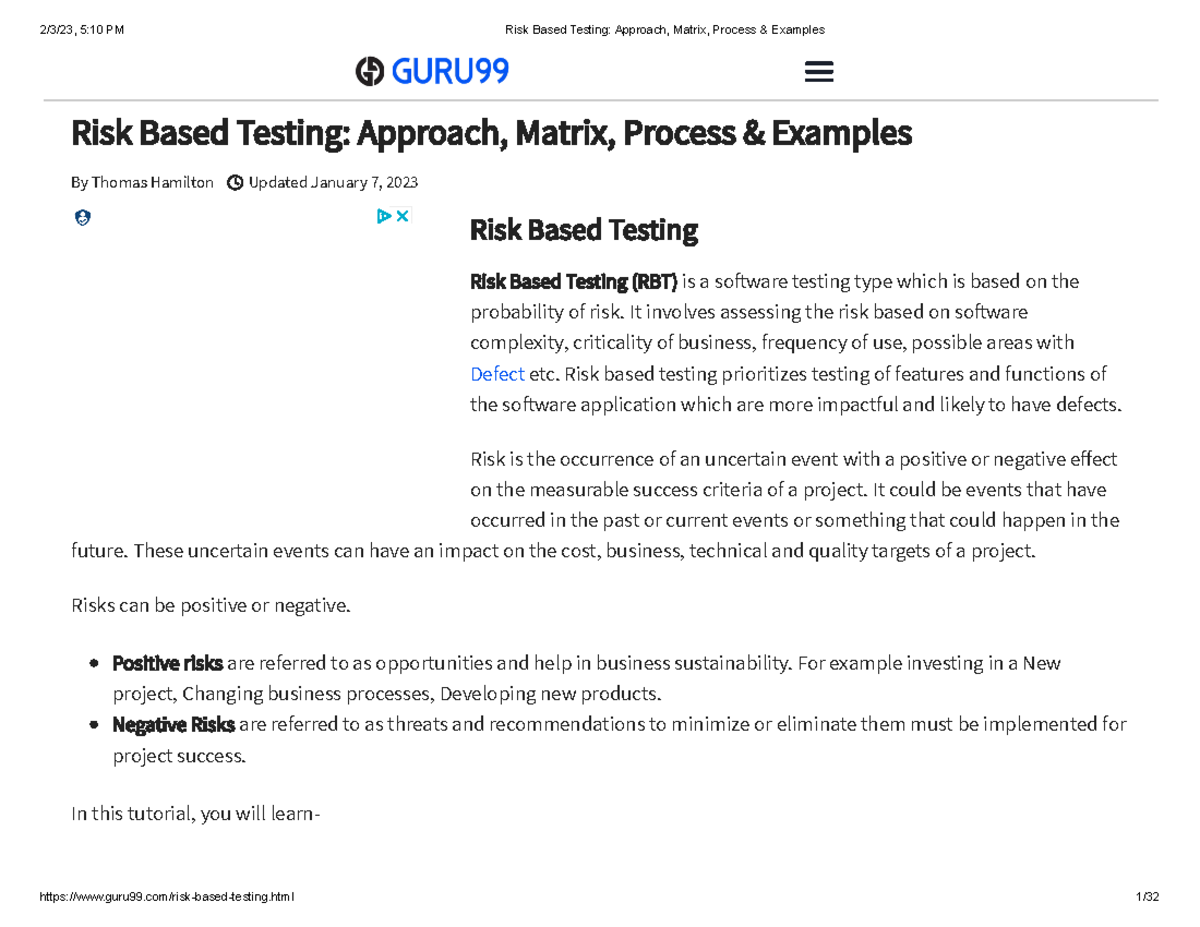 Risk Based Testing Approach, Matrix, Process & Examples - It involves ...