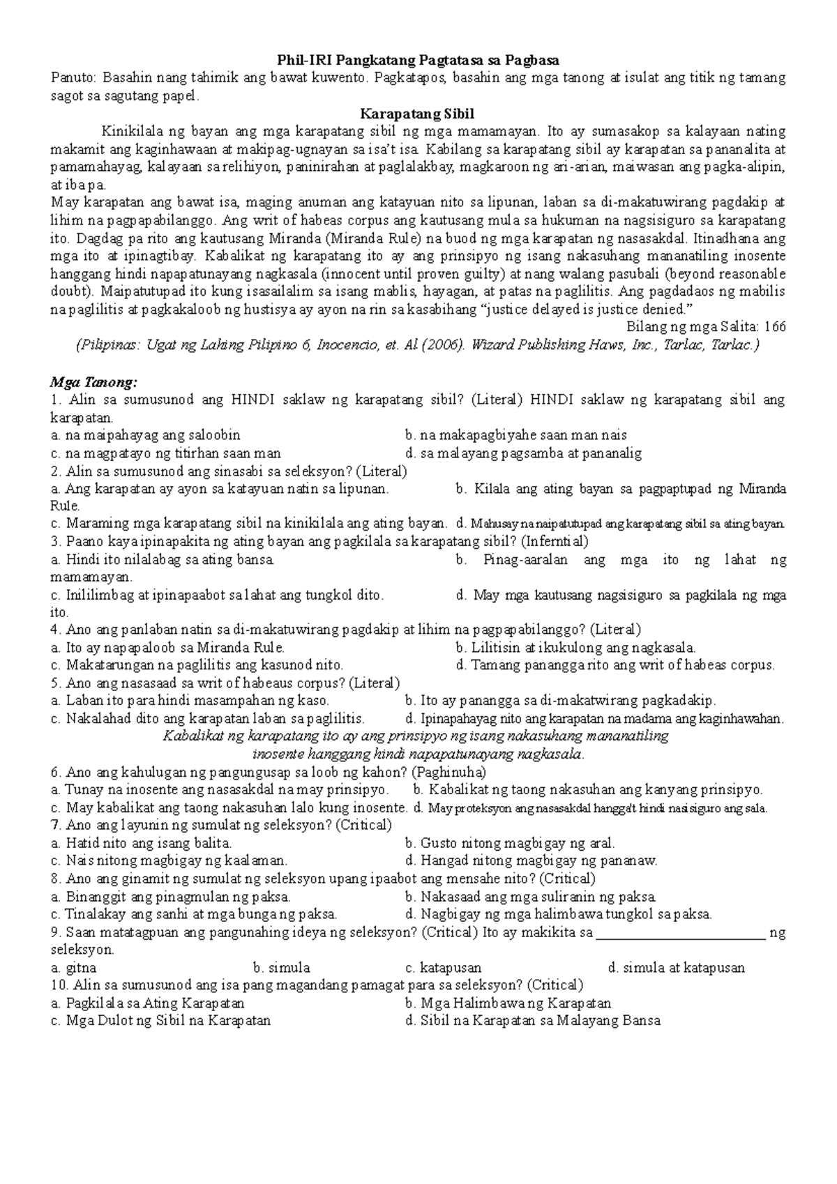 Phil iri - Phil-Iri GST in Filipino - Phil-IRI Pangkatang Pagtatasa sa ...
