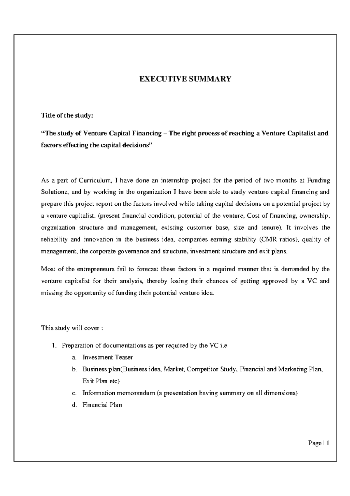 The Study Of Venture Capital Financing - EXECUTIVE SUMMARY Title of the ...