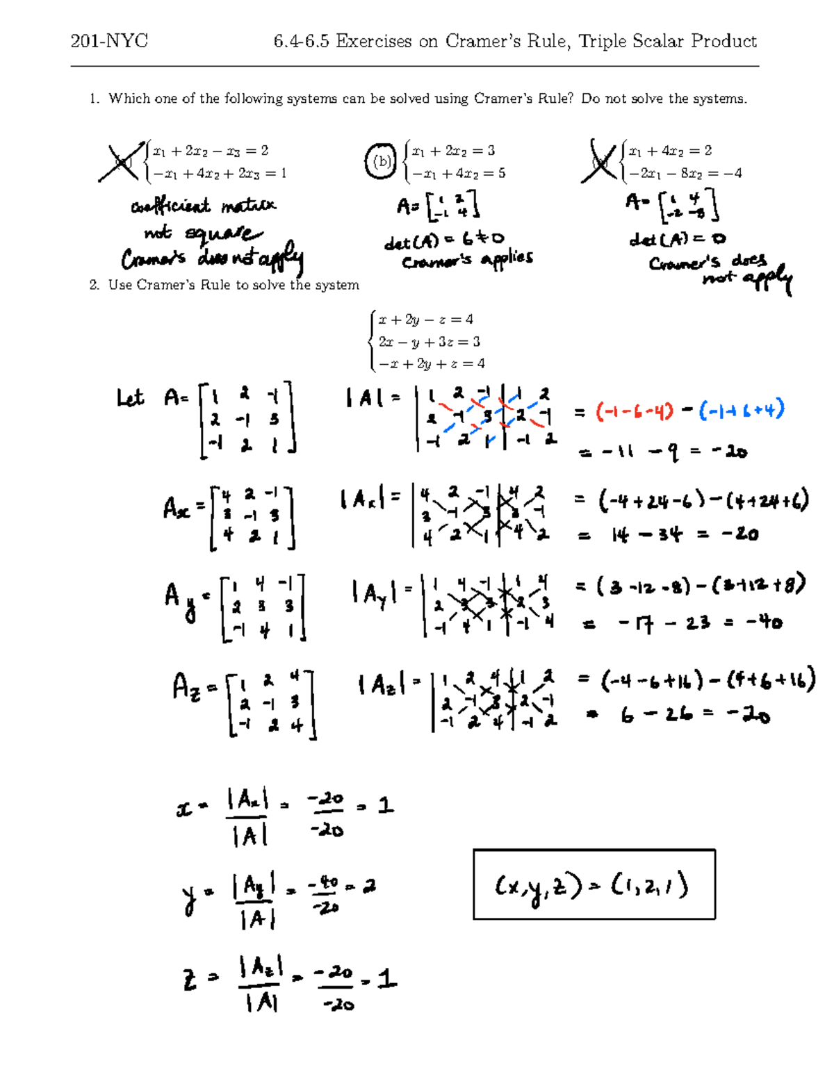 6 - Solutions - 201-NYC 6.4-6 Exercises on Cramer’s Rule, Triple Scalar ...