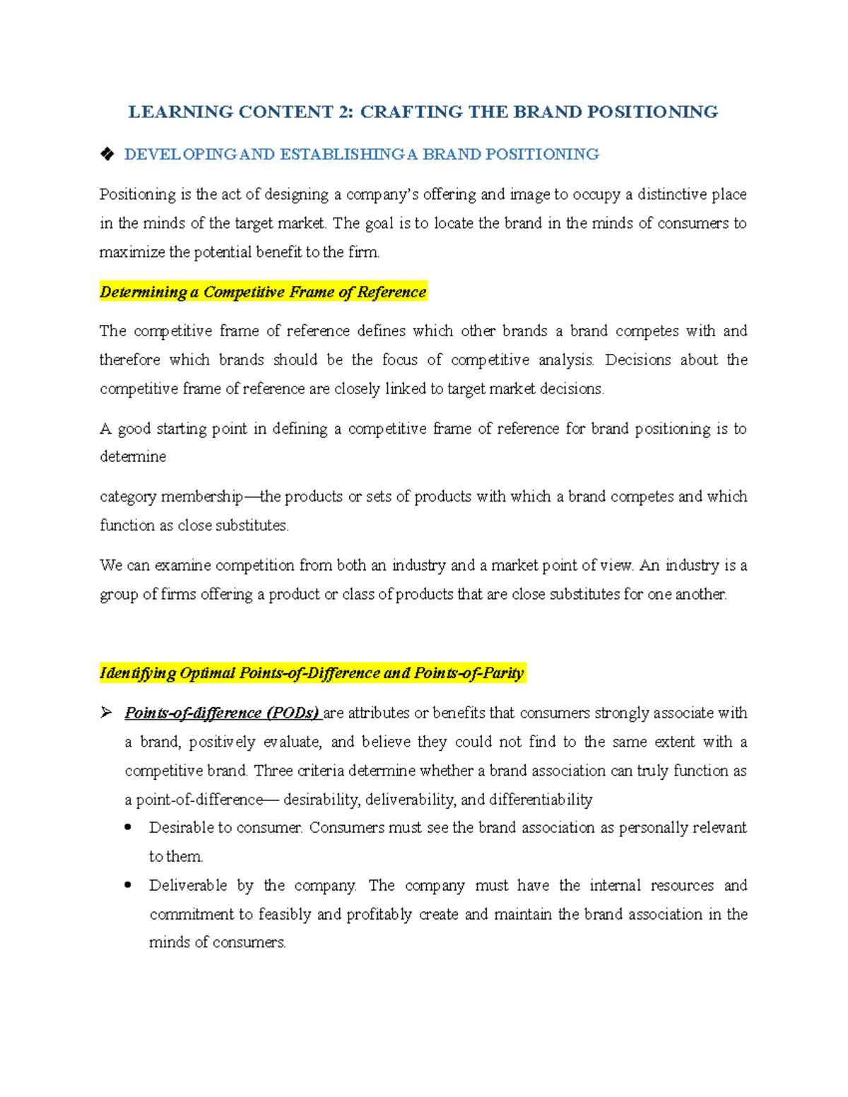 Learning Content 2 Crafting THE Brand Positioning - LEARNING CONTENT 2 ...