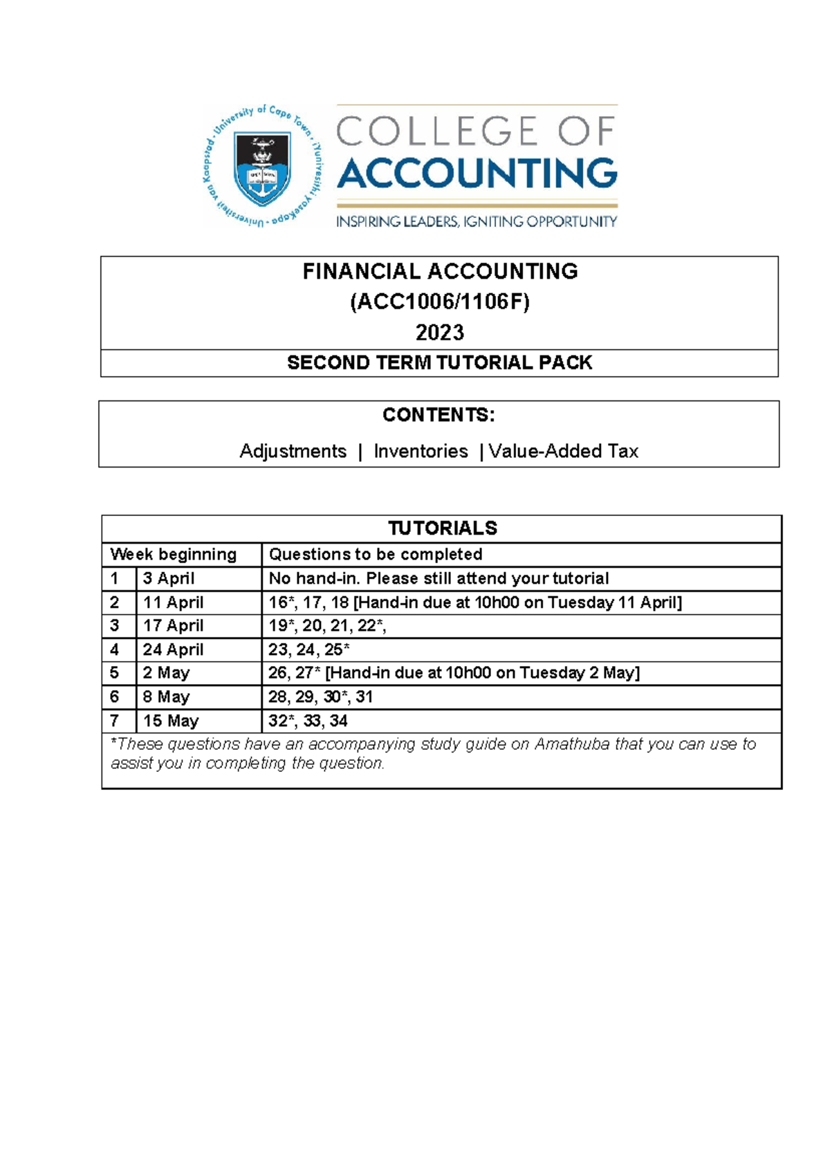 Tutorial pack Term 2 - TUTORIALS Week beginning Questions to be completed 1 3 April No hand-in ...