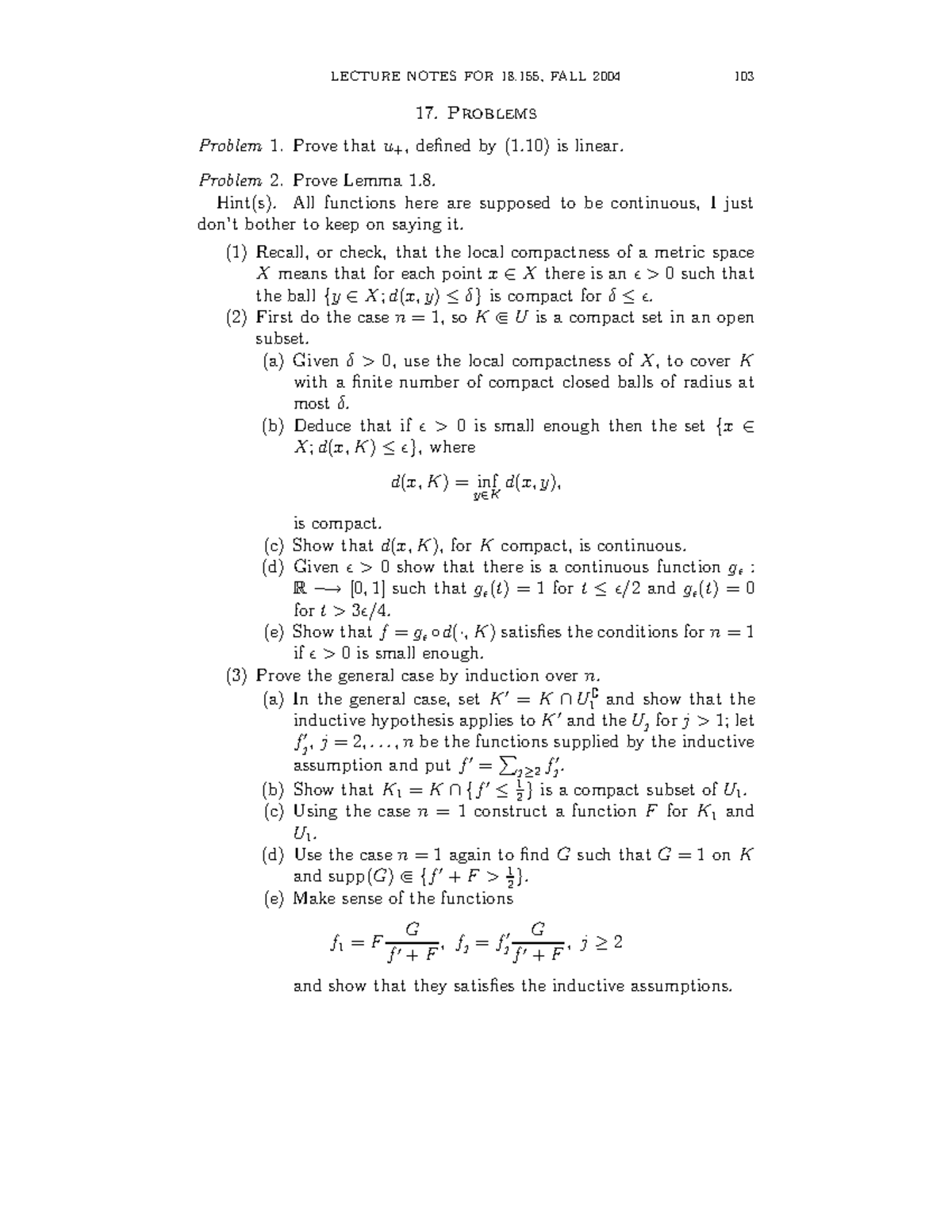 Problems - Lecture notes 1-6 - LECTURE NOTES FOR 18, FALL 2004 103 ...