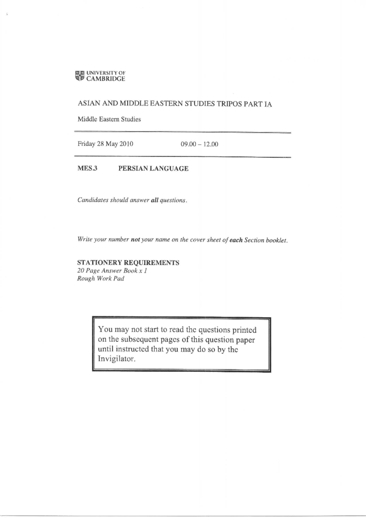 Exam 2010, questions - or CAMBRIDGE ASIAN AND MIDDLE EASTERN STUDIES ...