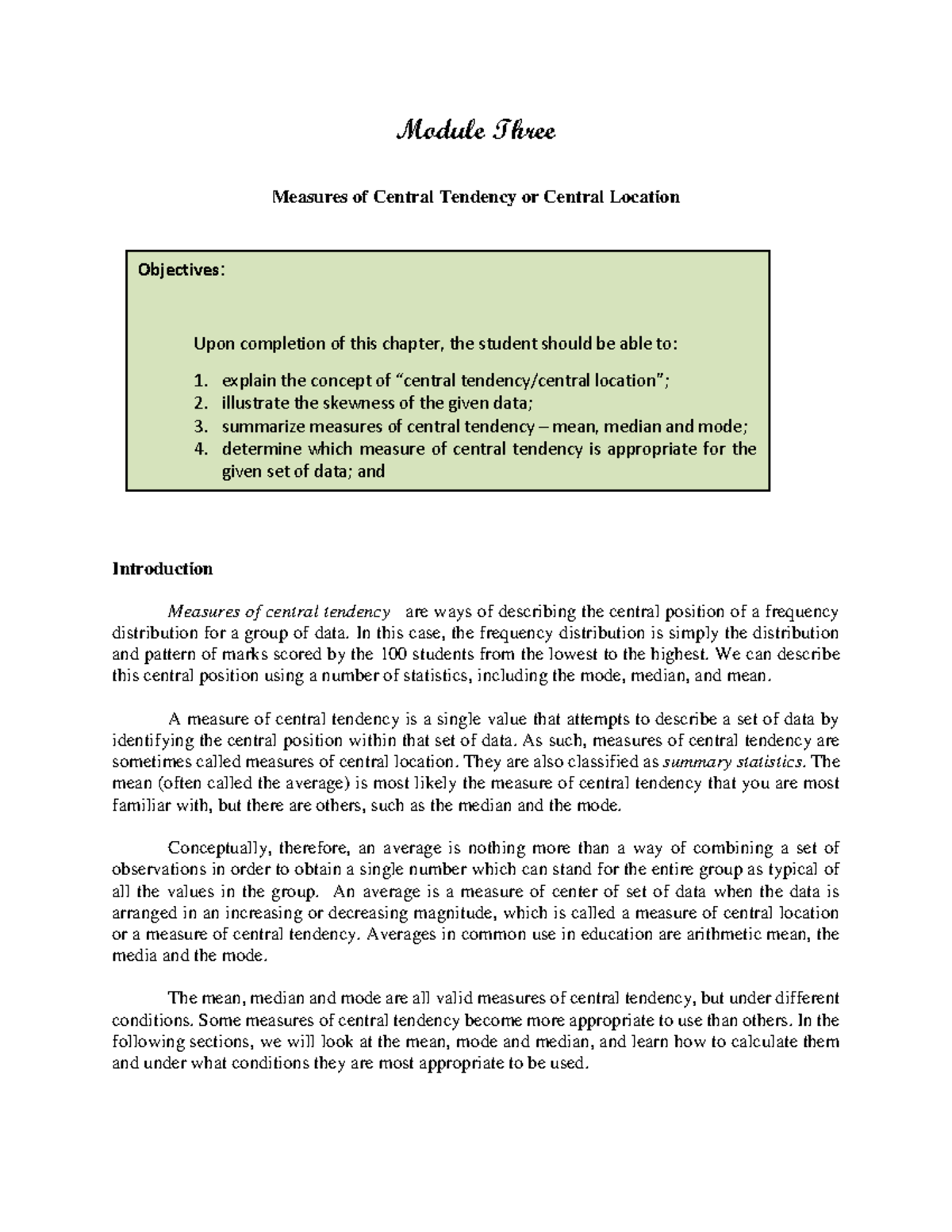 Module 3 - Measures of Central Tendency - Module Three Measures of ...