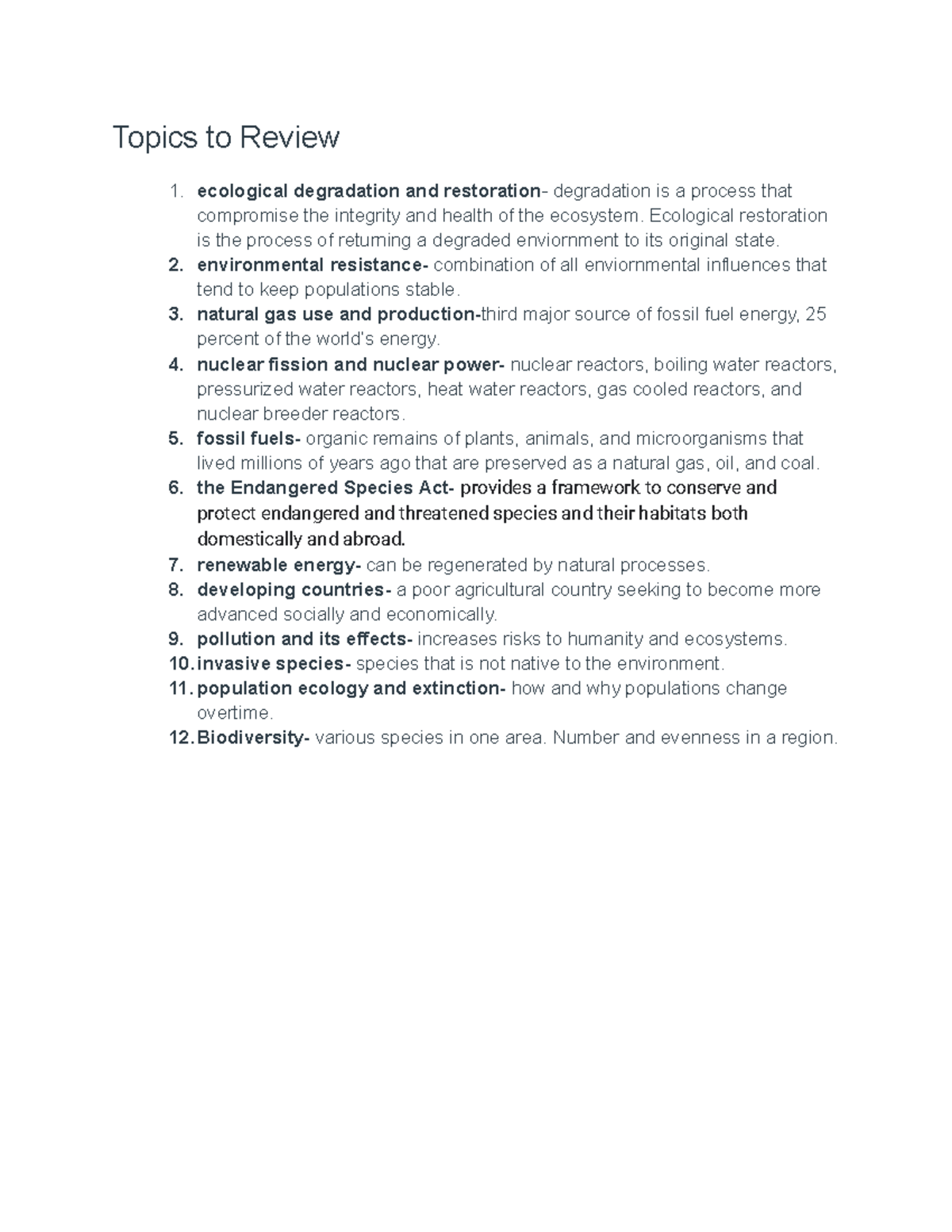 Study Guide for Chapters 7-10 - Topics to Review ecological degradation ...
