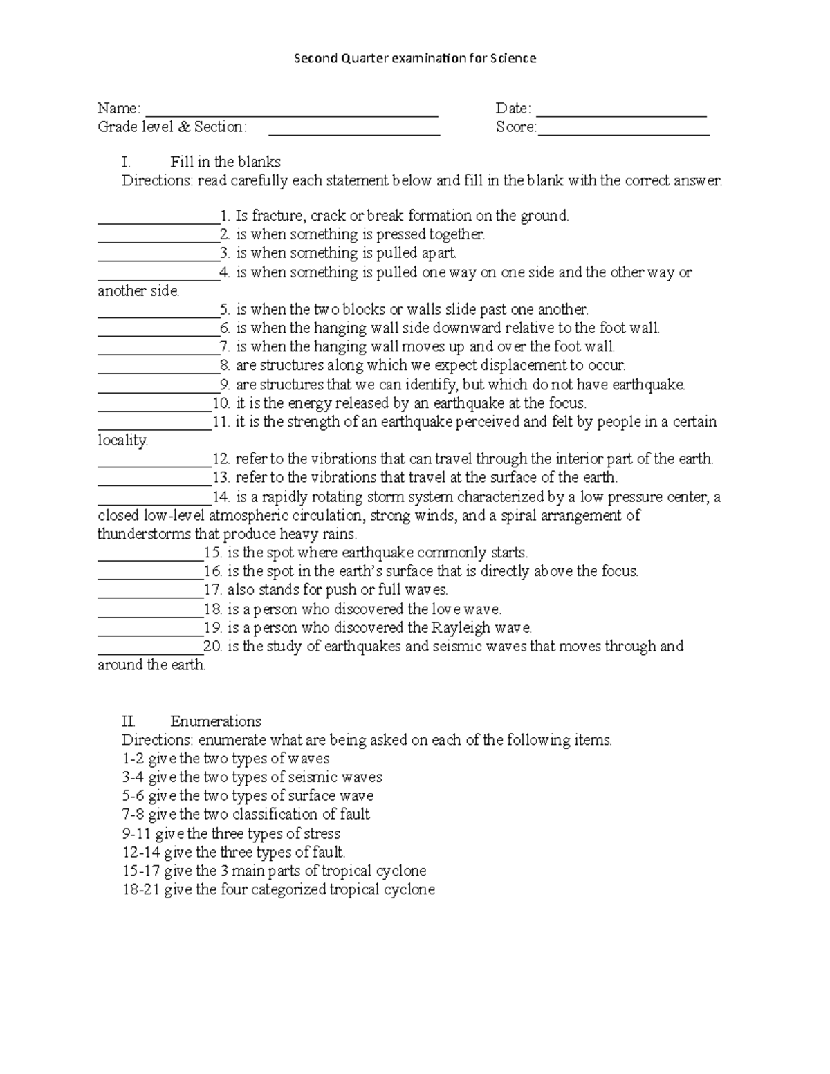Science second quarter exam - Second Quarter examination for Science ...